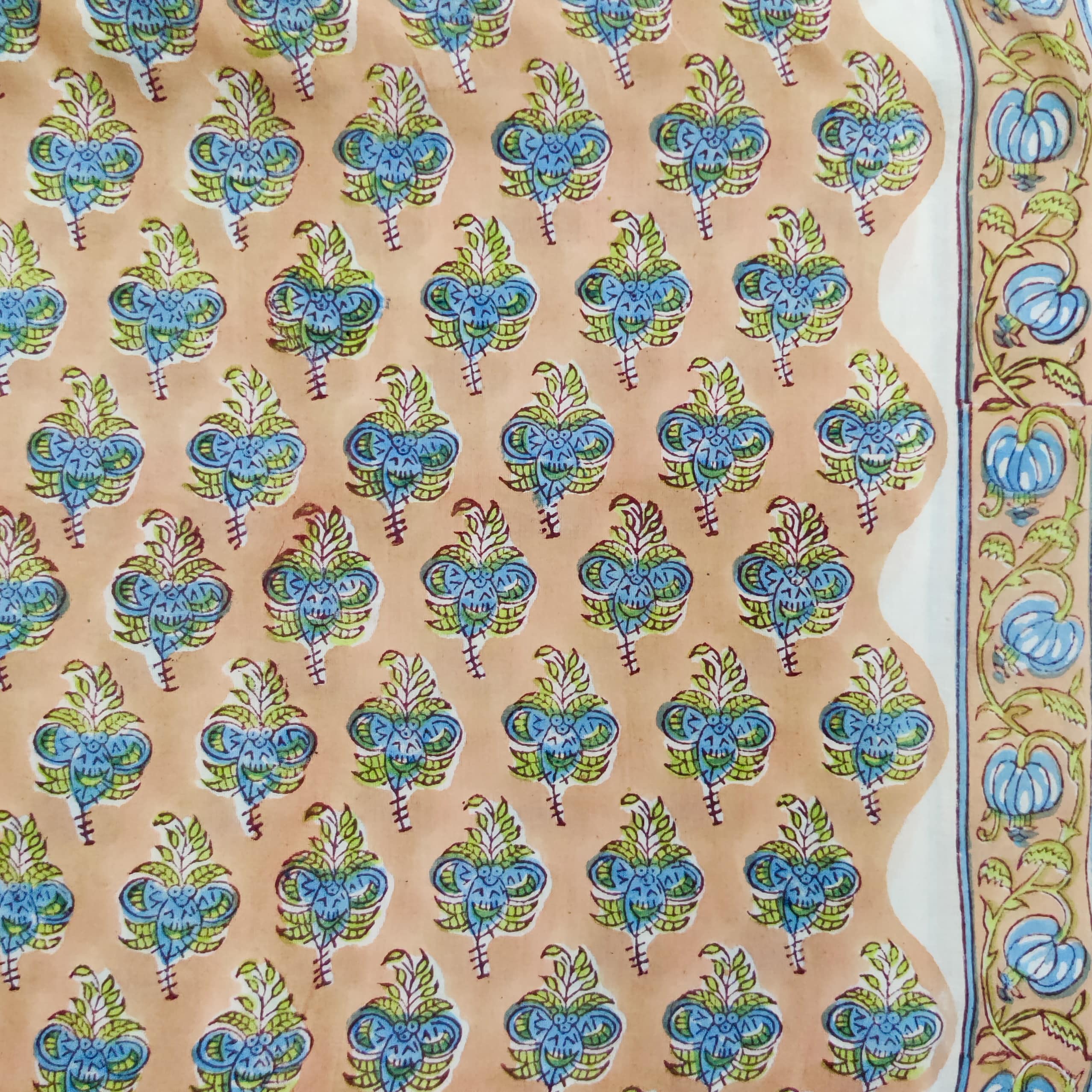 Pre Cut (1.30 Meter) Pure Cotton Jaipuri Peach With Blue And Green Mot – Sanskruti