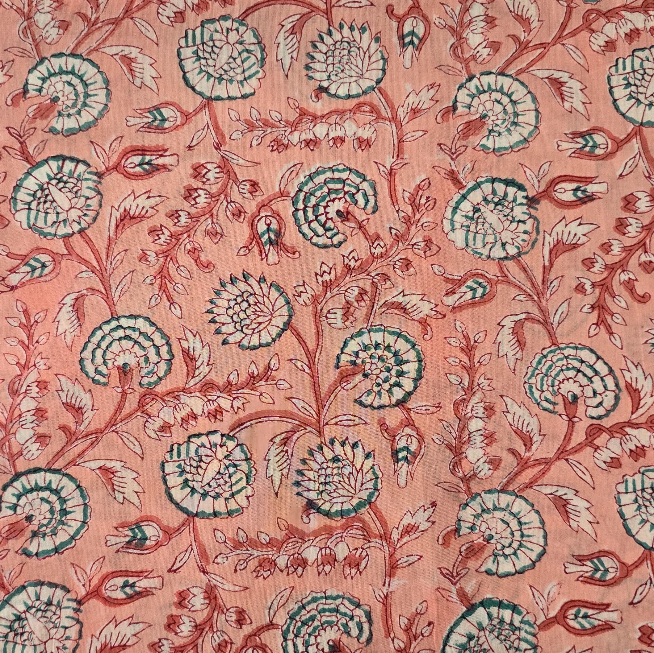 Pre Cut (0.80 Meter) Pure Cotton Jaipuri Peach With Onion Jaal Hand Bl – Sanskruti