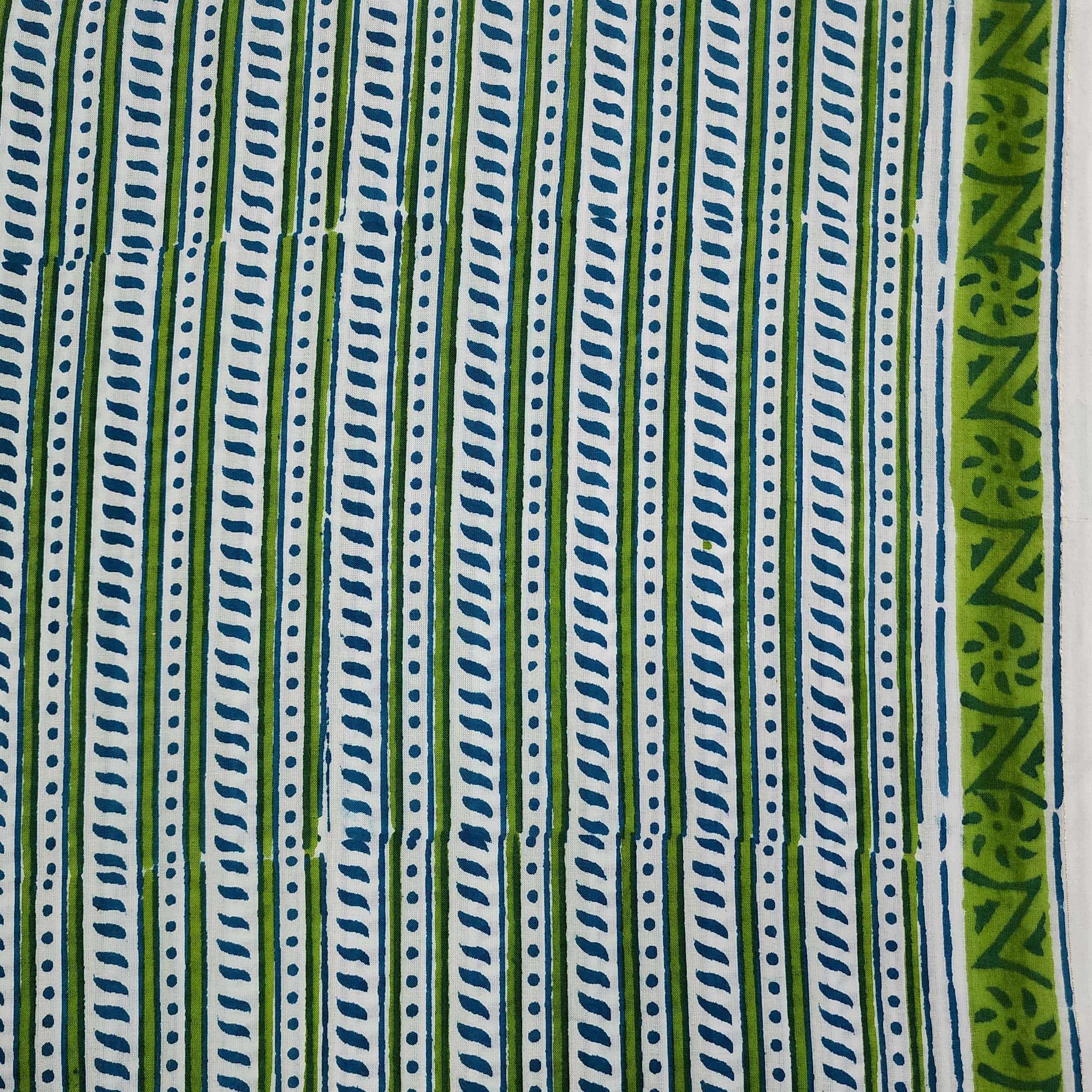 Pre-cut 1.60meter Pure Cotton Jaipuri White With Green Border Stripes – Sanskruti