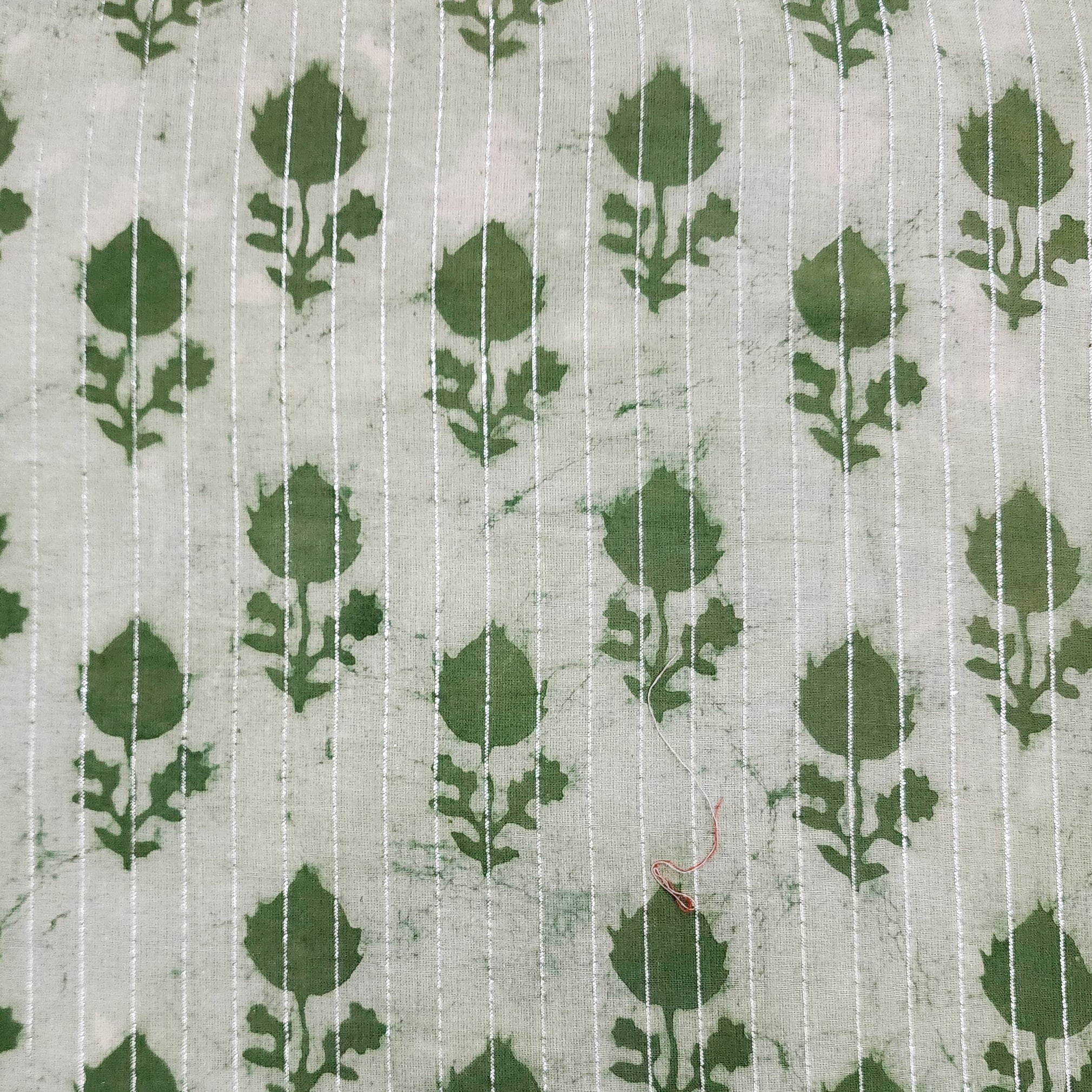 Pure Cotton Kaatha Dabu Lurex Cream With Light Green Flower Bud Hand B – Sanskruti