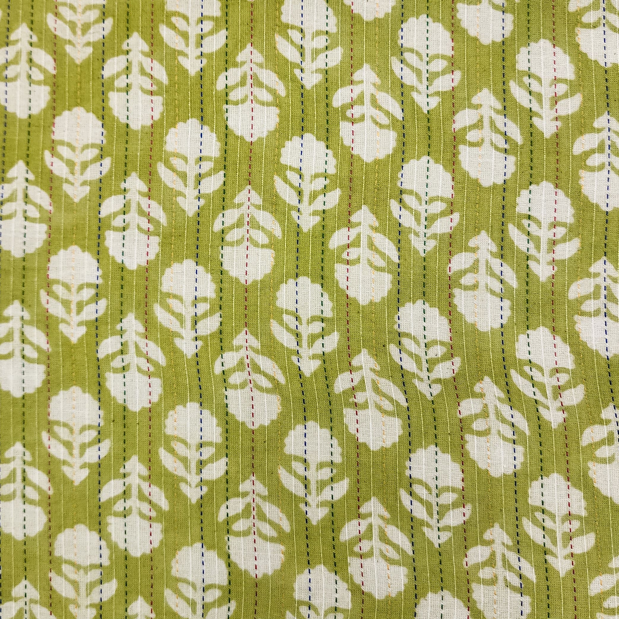 Pre Cut (1 Meter) Pure Cotton Kaatha Dabu Light Green With Cream Flowe – Sanskruti