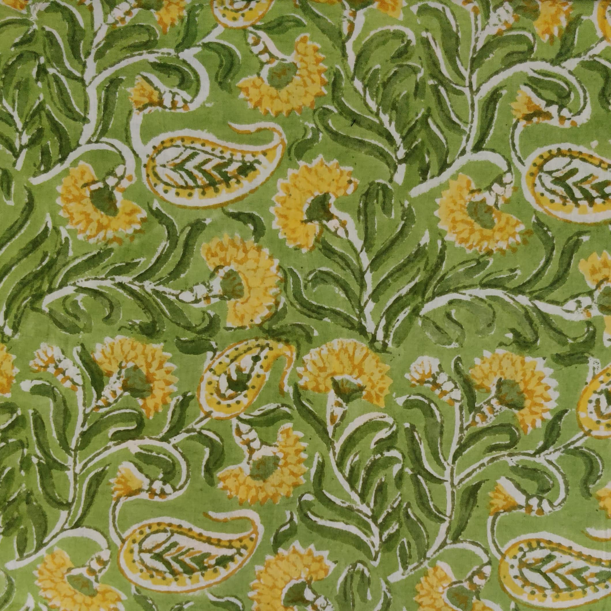 Pre-Cut (1.25 Meter )Pure Cotton Jaipuri Green With Yellow Kairi And F – Sanskruti