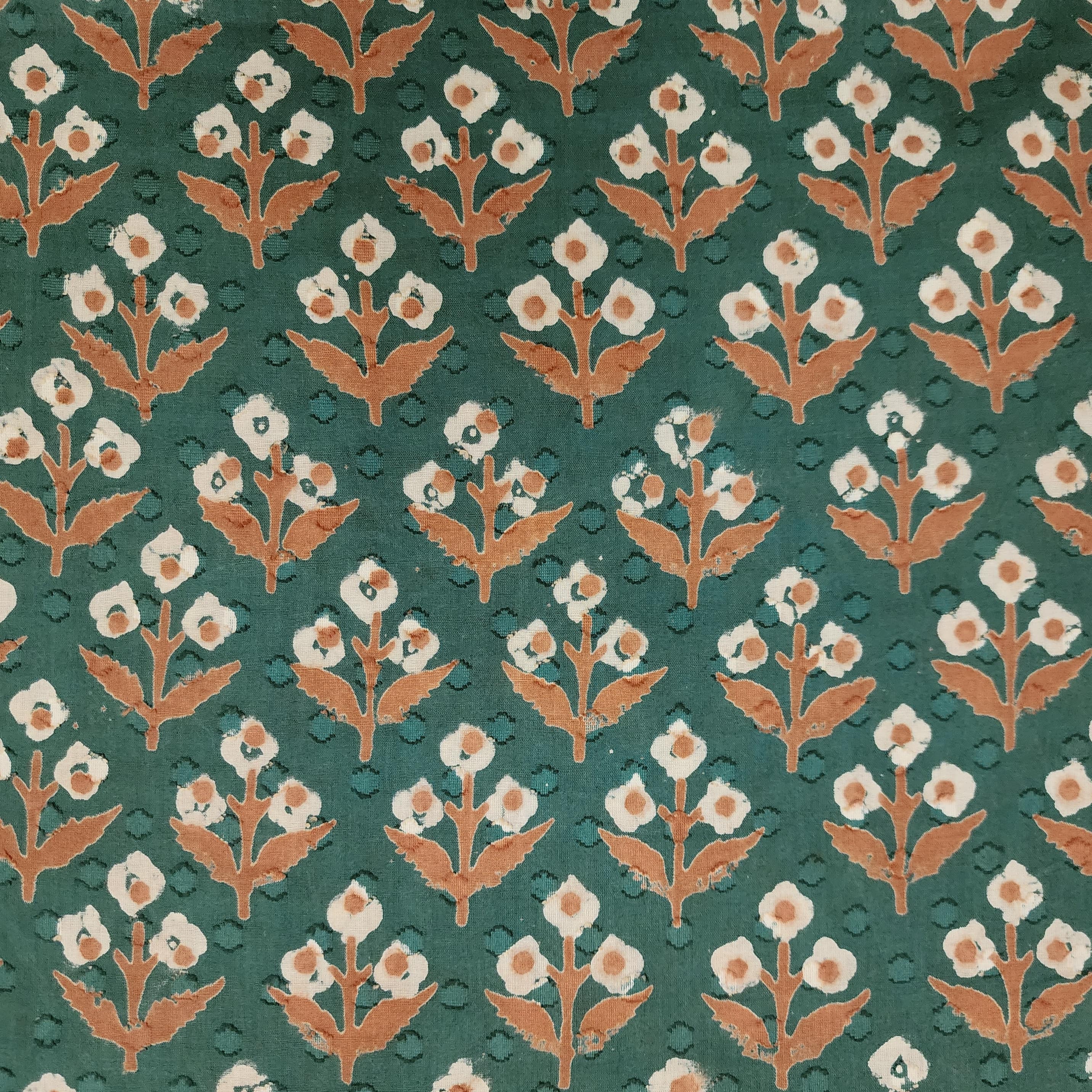 Pure Cotton Teal Discharge With Cream Orange Grass Flowers Hand Block – Sanskruti