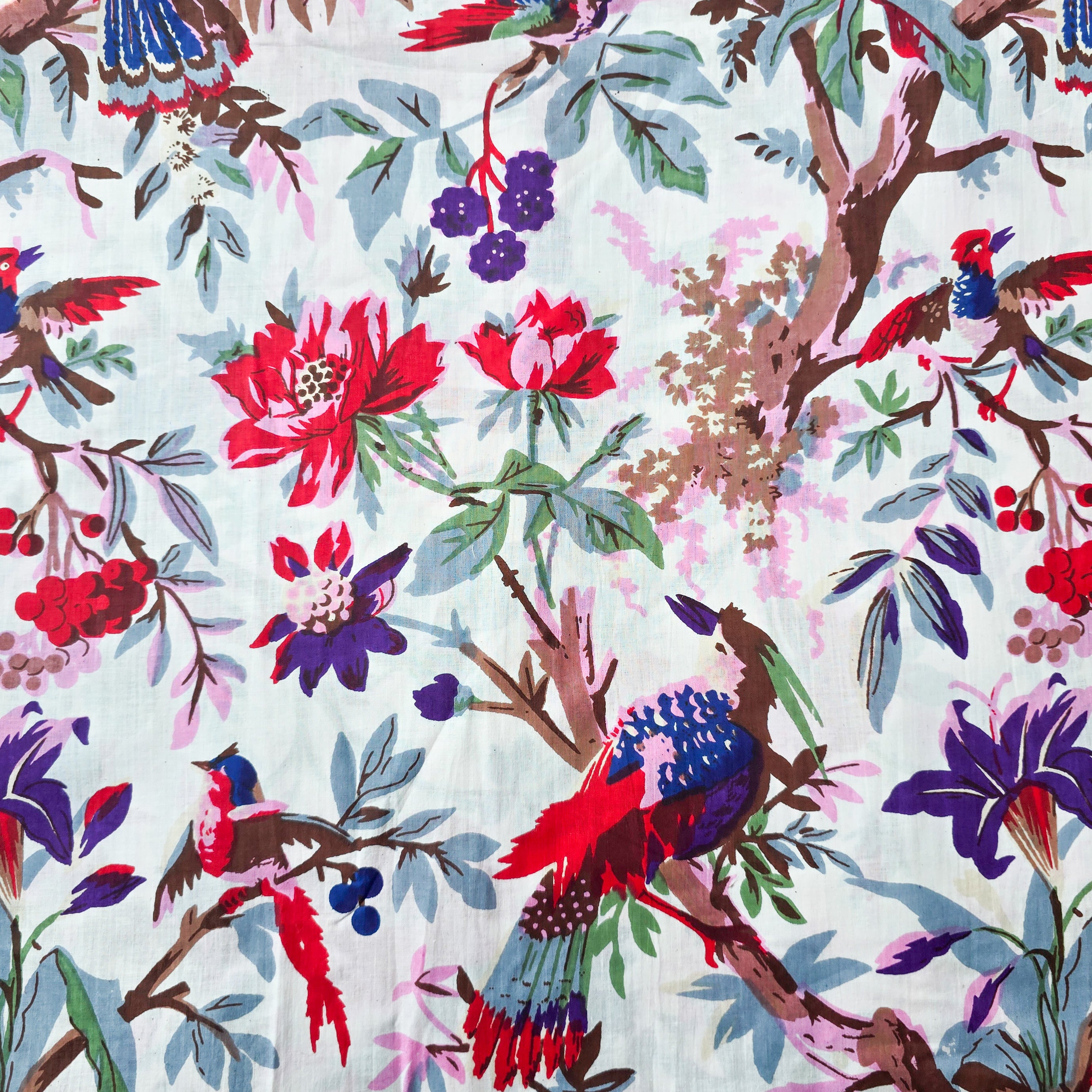 Pure Cotton Screen Print White With Floral And Birds Fabric – Sanskruti