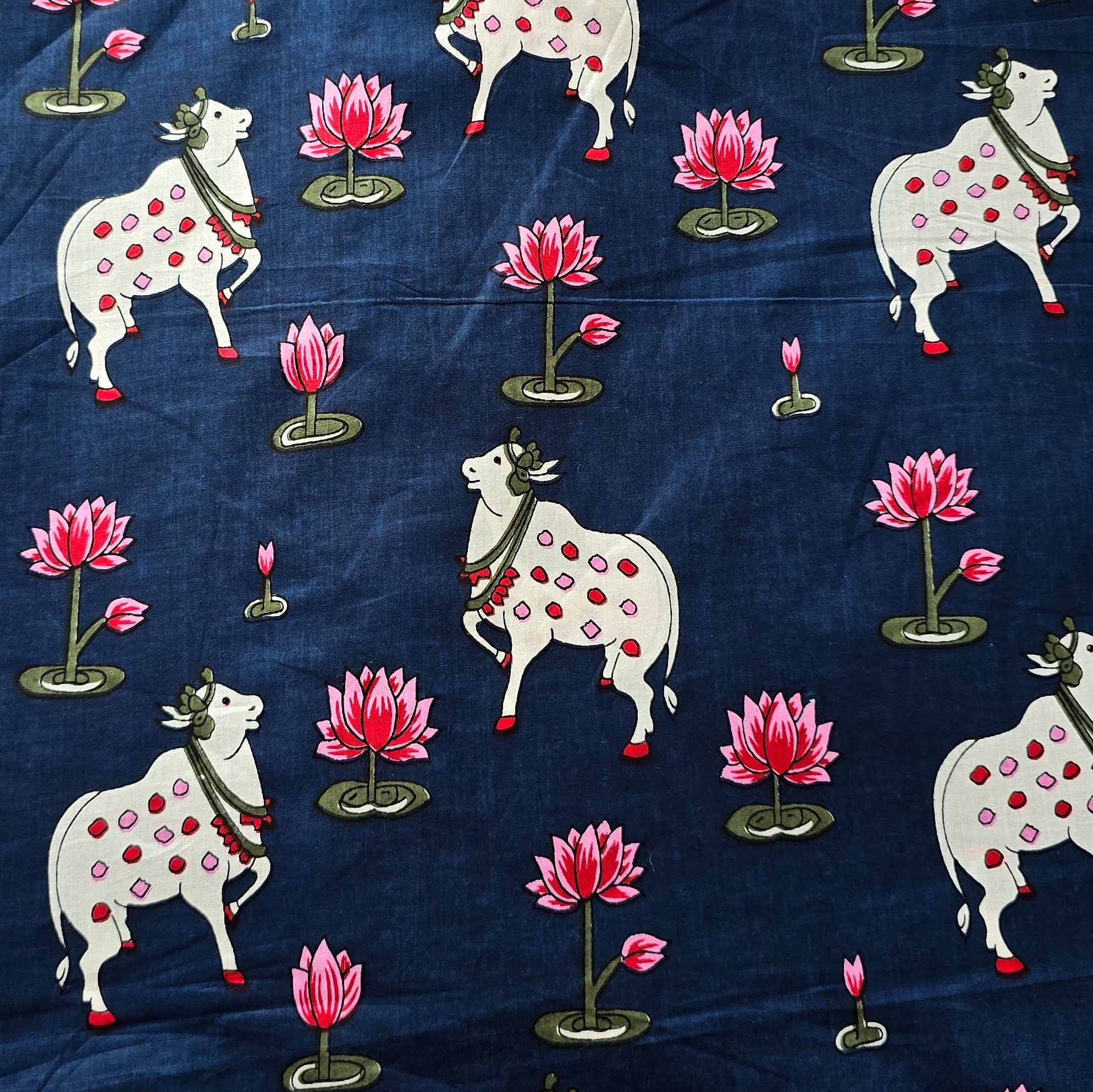 (PRE-CUT 0.80 METER)Pure Cotton Screen Print Navy With Pichwai Cow And ...