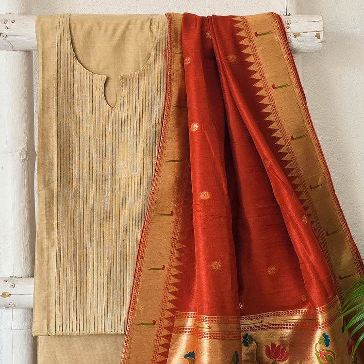 PAITHANI- Pintucks Cotton Silk Beige With Rust Orange Paithani Dupatta ...