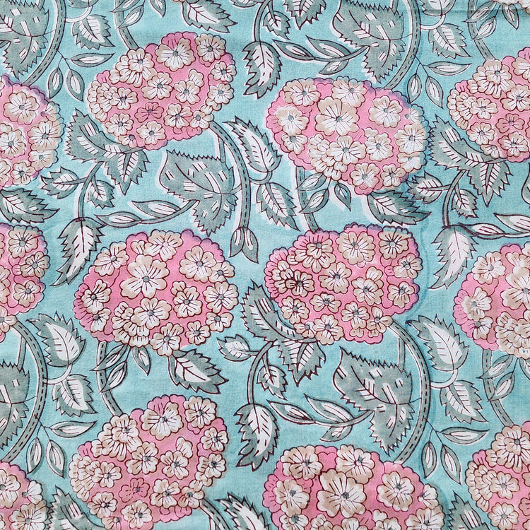 Pure Cotton Jaipuri Light Cyan With Pink Flower Jaal Hand Block Print ...