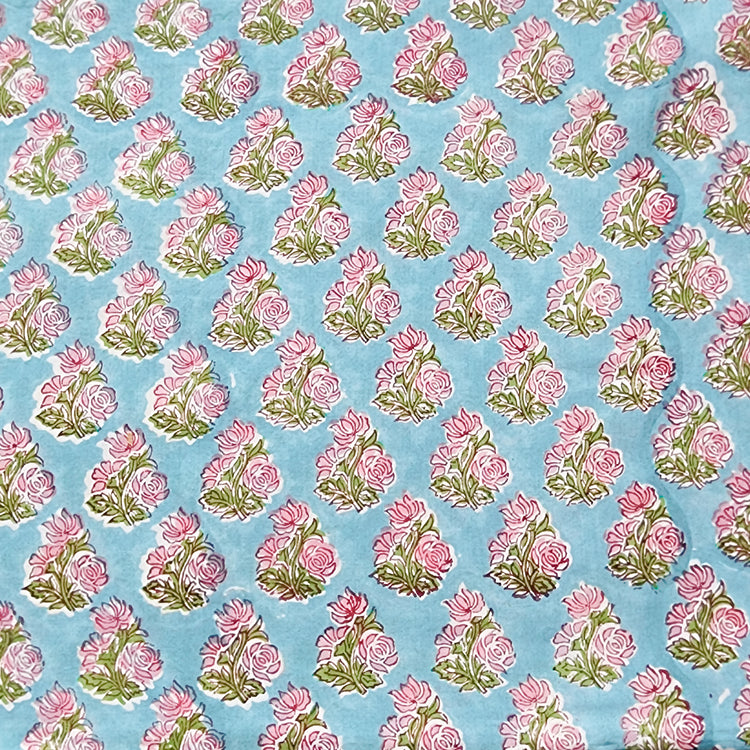 Pure Cotton Jaipuri Light Cyan With Pink Flower Motif Hand Block Print ...
