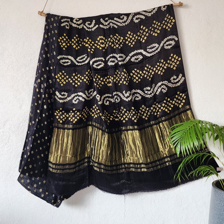BINDANI-Modal Silk Bandani Black With Yellow And White Ghicha Pallu Sa ...