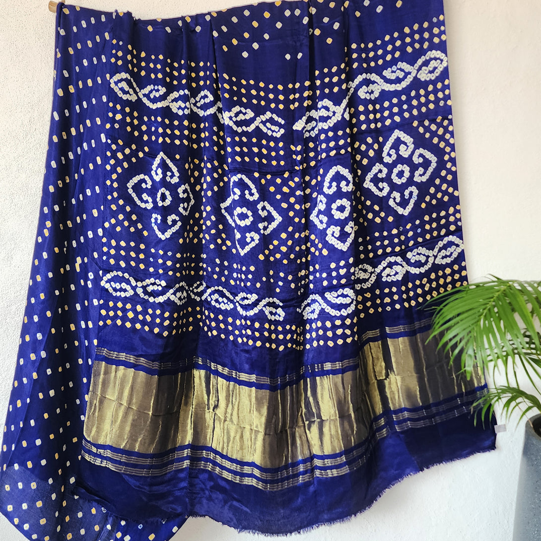 BINDANI-Modal Silk Dark Blue With Yellow And White Ghicha Pallu Saree ...