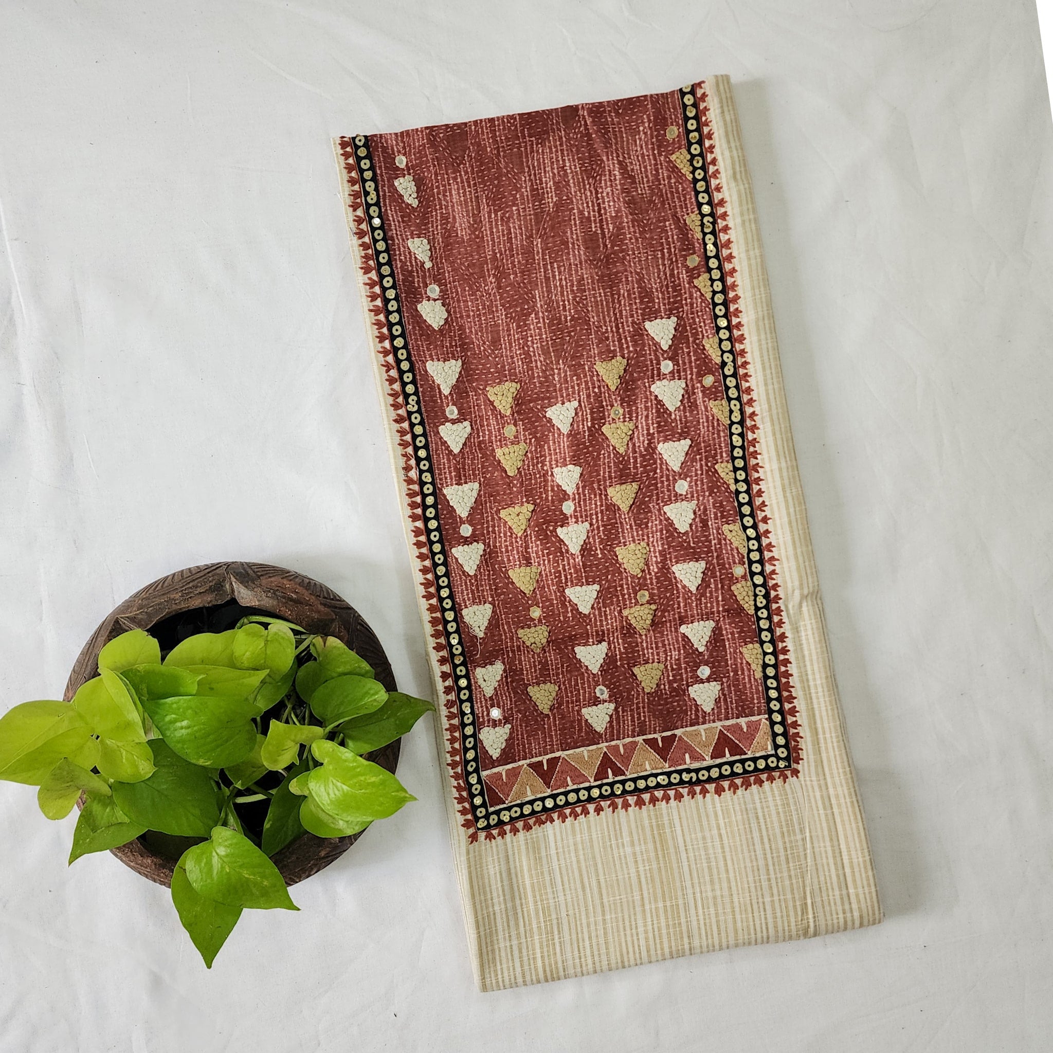 EKTA-Pure Cotton Handloom Cream With Brown Intricate Design Yoke Pre-d ...