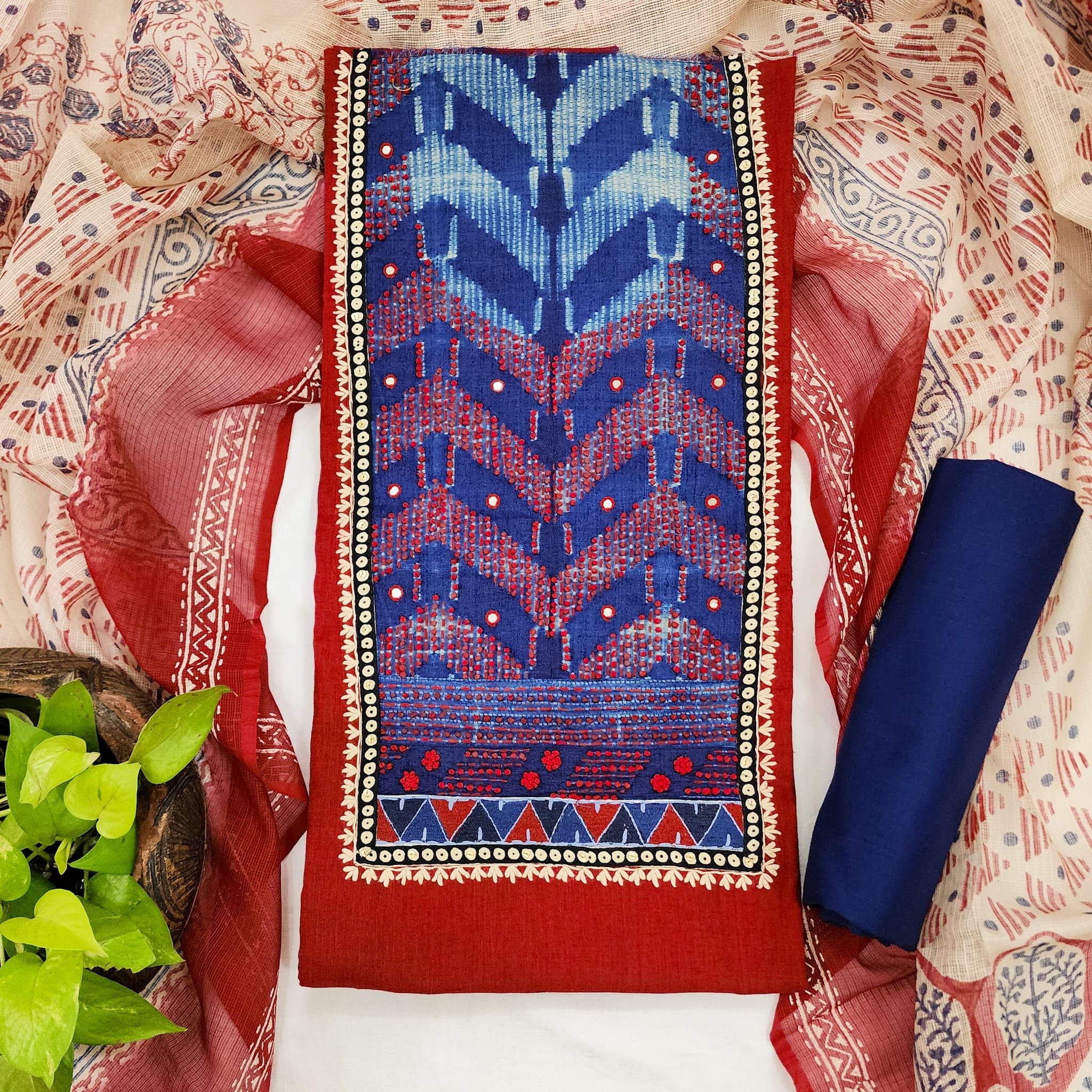 MEERA -Pure Cotton Red With Intricate Design Yoke Top And Ink Blue Pla ...