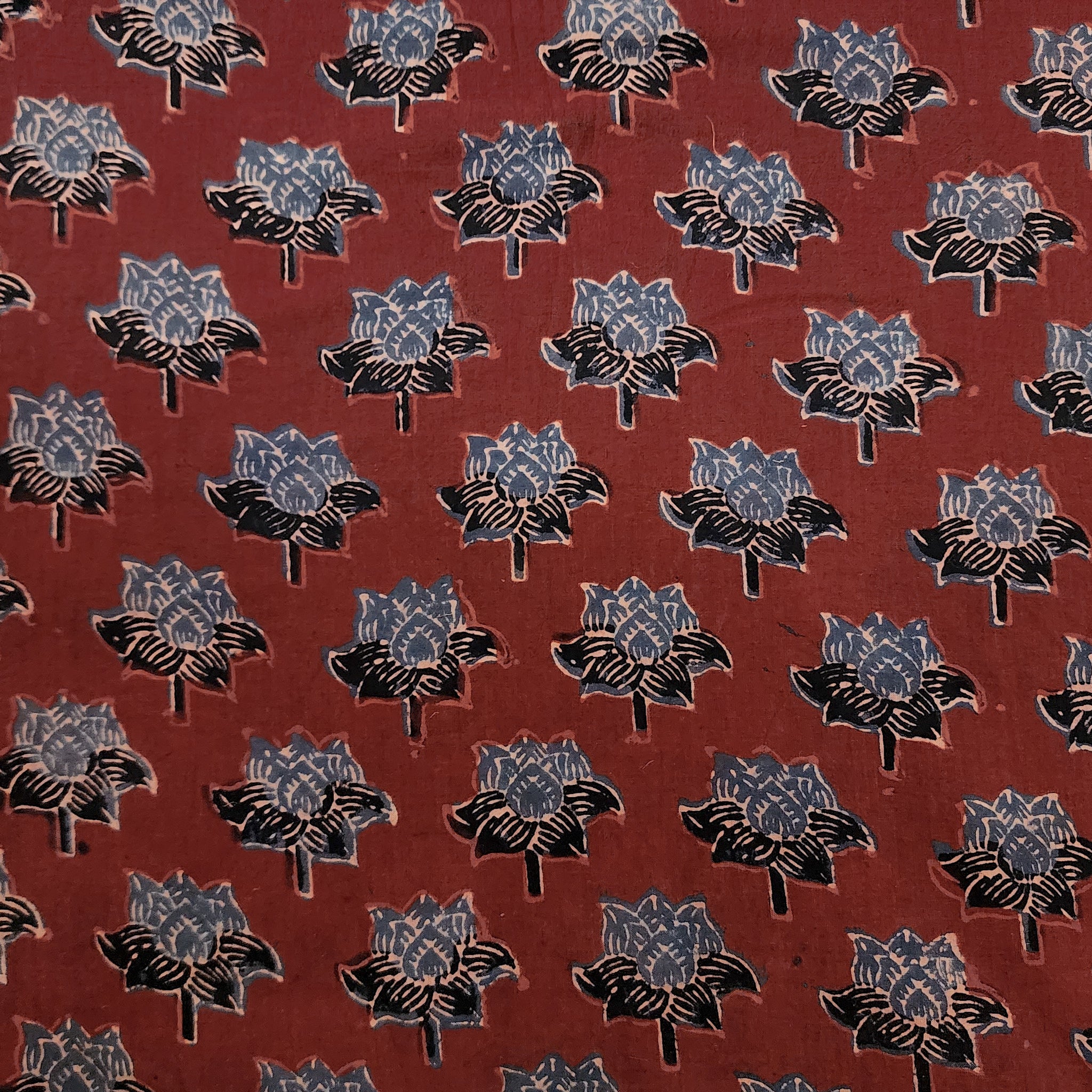 Pure Cotton Double Ajrak Rust With Blue Rust Flower Motif Hand Block P ...