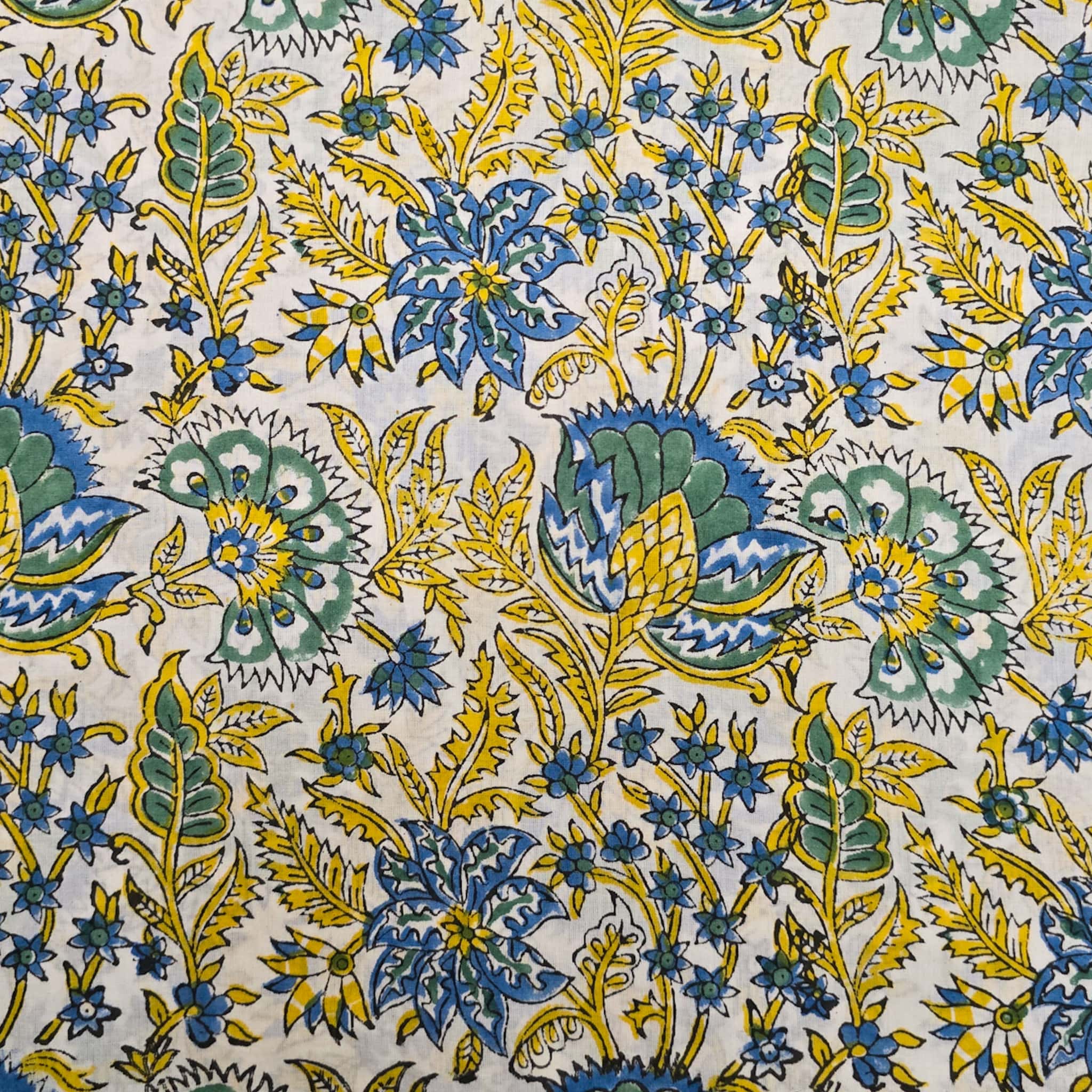 Pure Cotton Jaipure White With Blue And Yellow Flower Jaal Hand Block ...