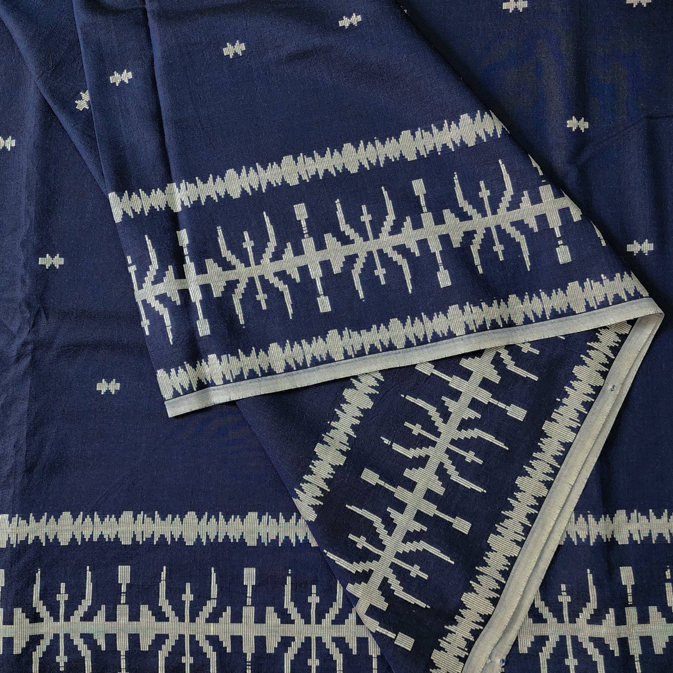Pure Mul Cotton Soft Jamdani Navy Blue With White Border And White Sma ...
