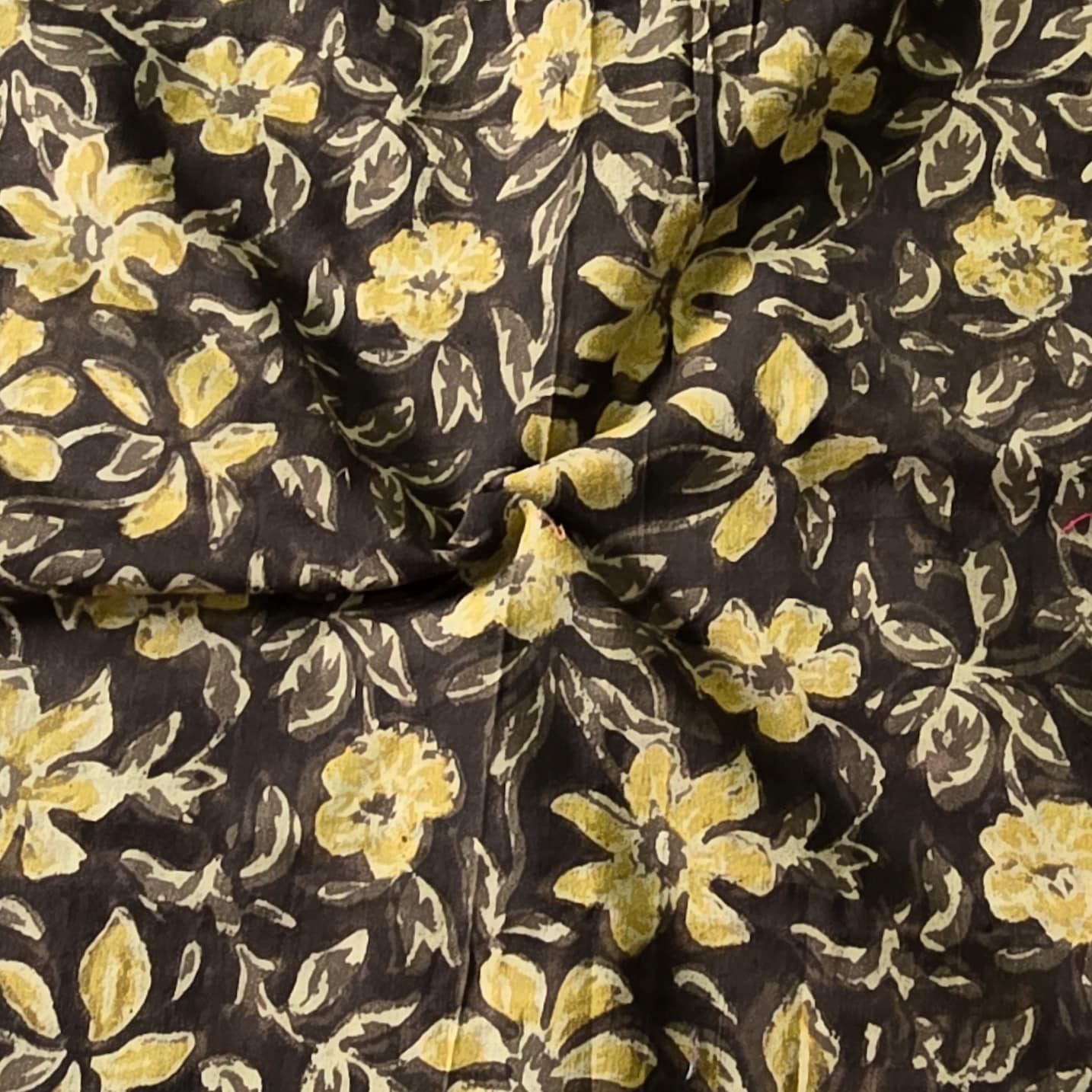 ( Pre-Cut 1 Meter ) Pure Cotton Vanaspati Brown With Mustard Flowers H ...