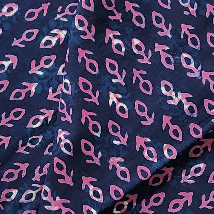 Pure Cotton Dabu Blue Purple With Pink Up And Down Tiny Motifs Hand Bl ...