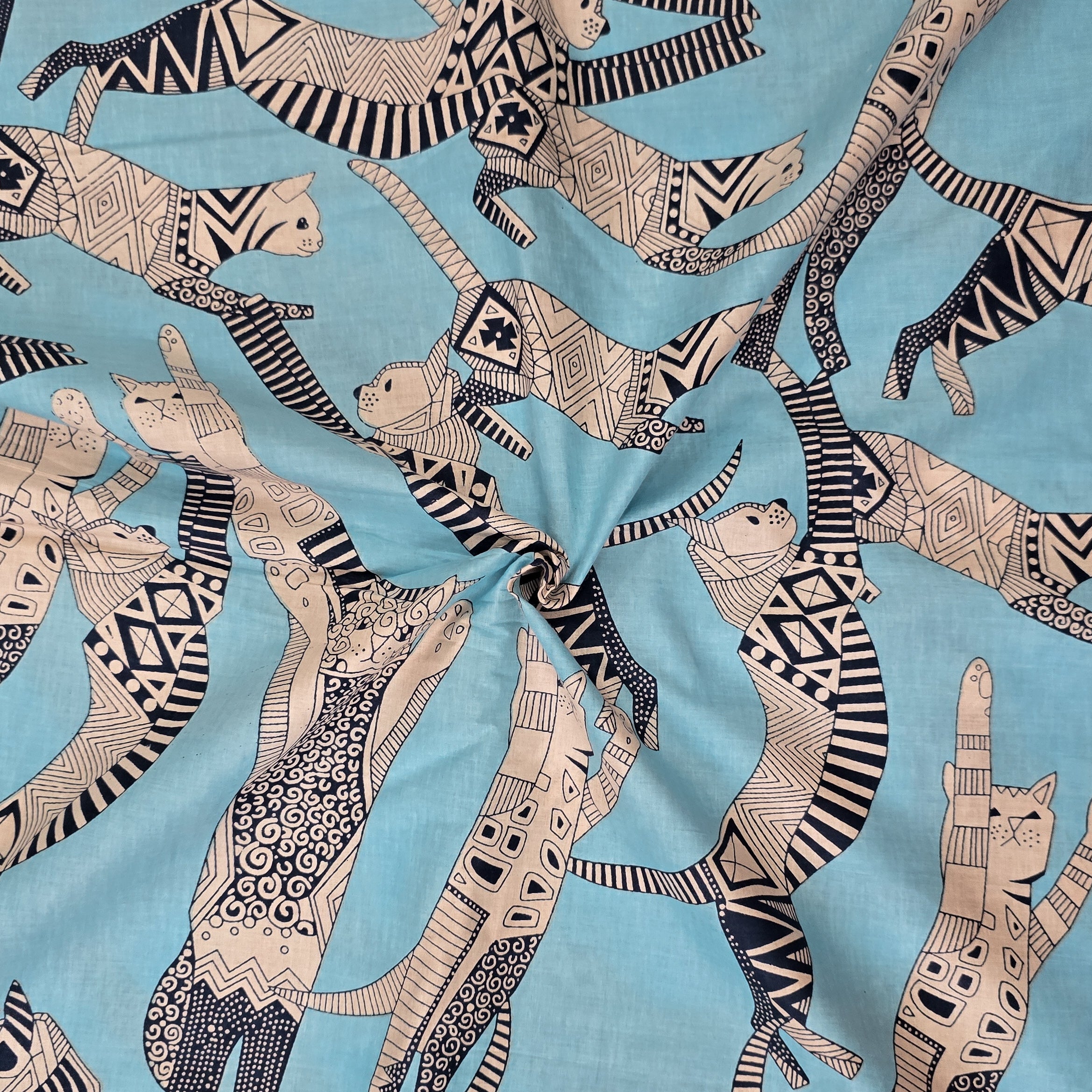 Pure Cotton Blue With Egyptian Cat Screen Print Fabric – Sanskruti
