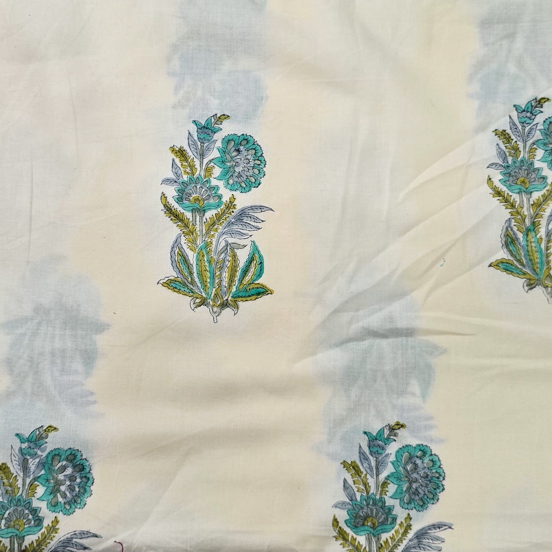 Pure Cotton Jaipuri White With Blue Flower Motif Hand Block Print Fabr ...