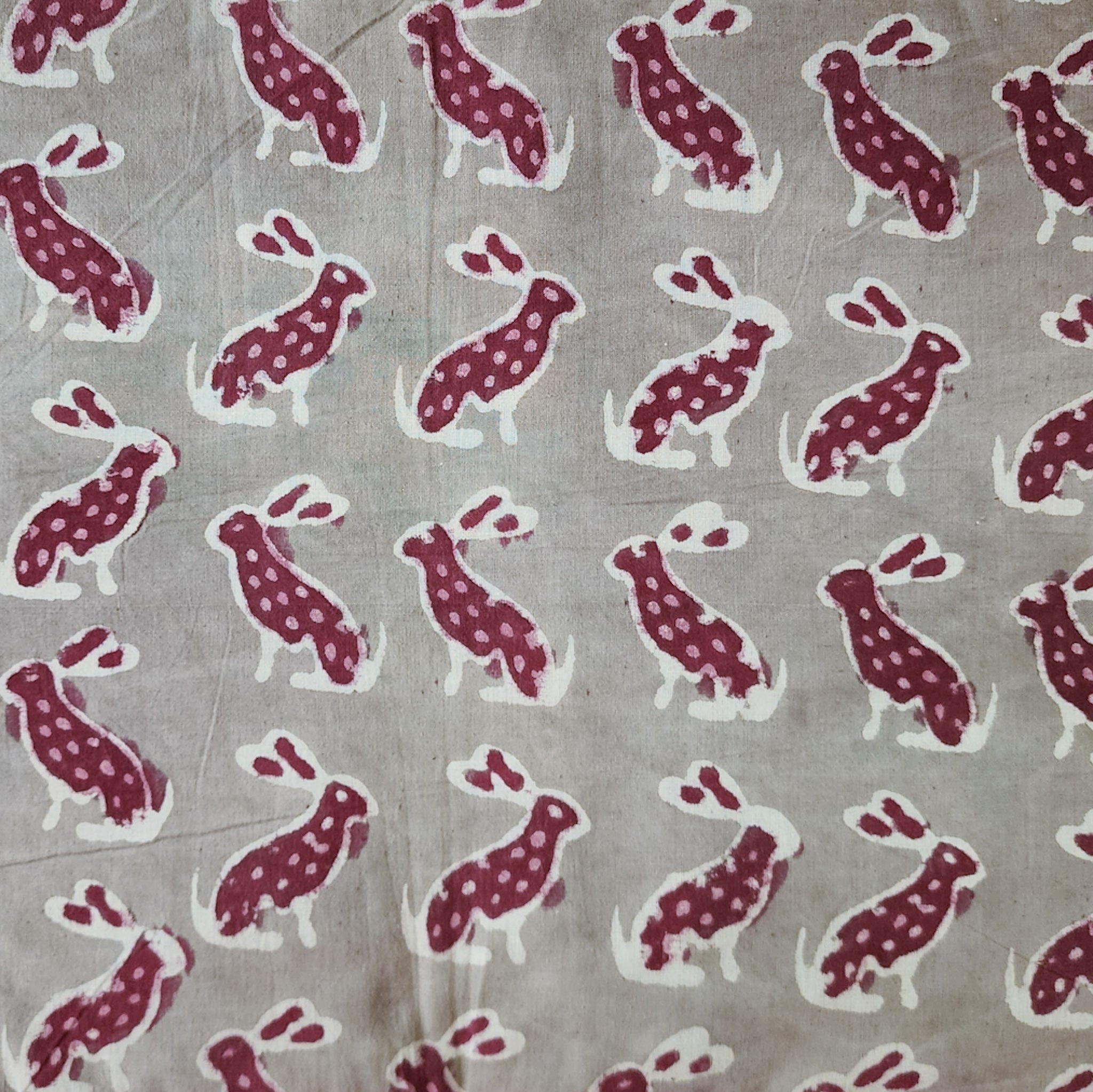 Pure Cotton Dabu Grey With Maroon Rabbit Hand Block Print Fabric ...