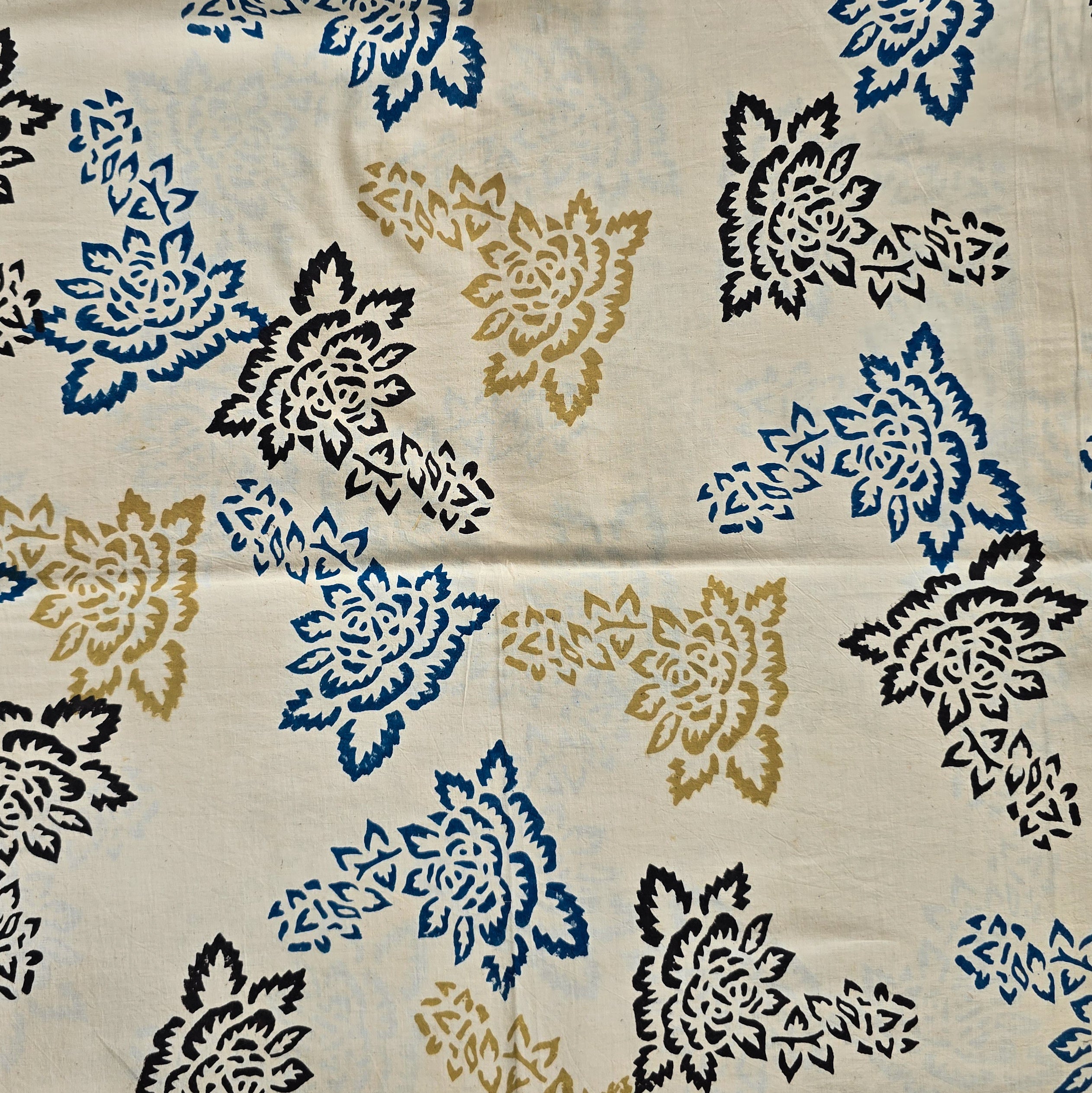 (PRE-CUT 0.85 METER) Pure Cotton Ajrak Cream With Mustard And Blue And – Sanskruti