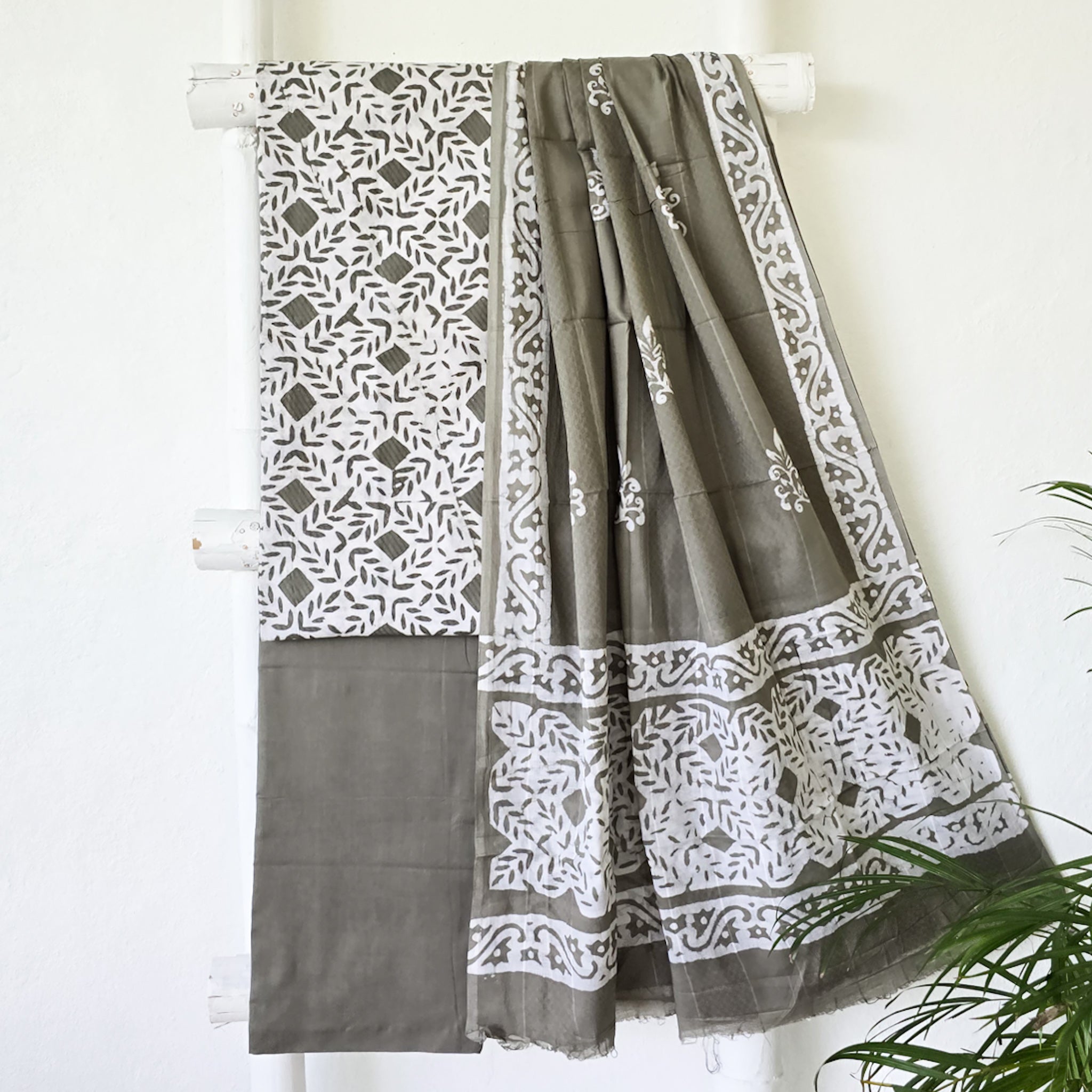 BHAVYA-Pure Cotton White With Greyish Green And Plain Bottom Suit ...