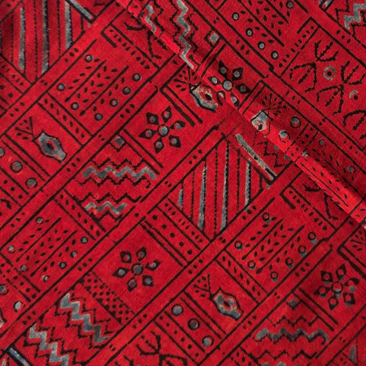 Pure Cotton Ajrak Red With Grey Intricate Design In The Square Hand Bl ...