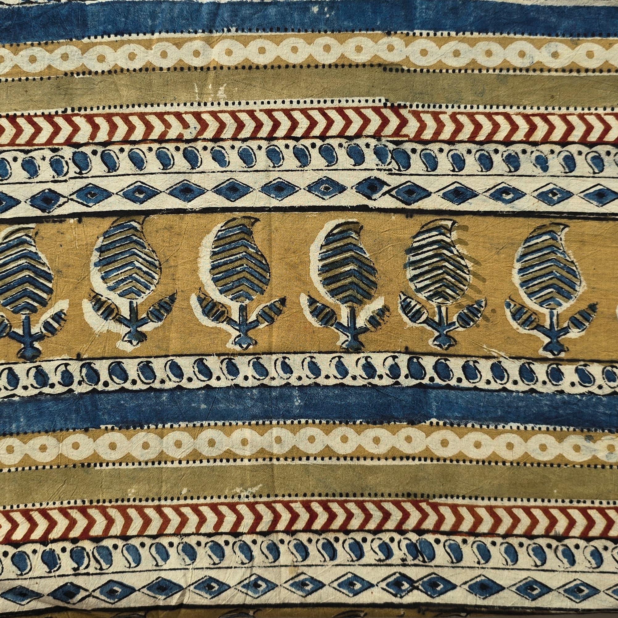 Pure Cotton Kalamkari Mustard And Rust Blue Mango Design Border Hand B ...