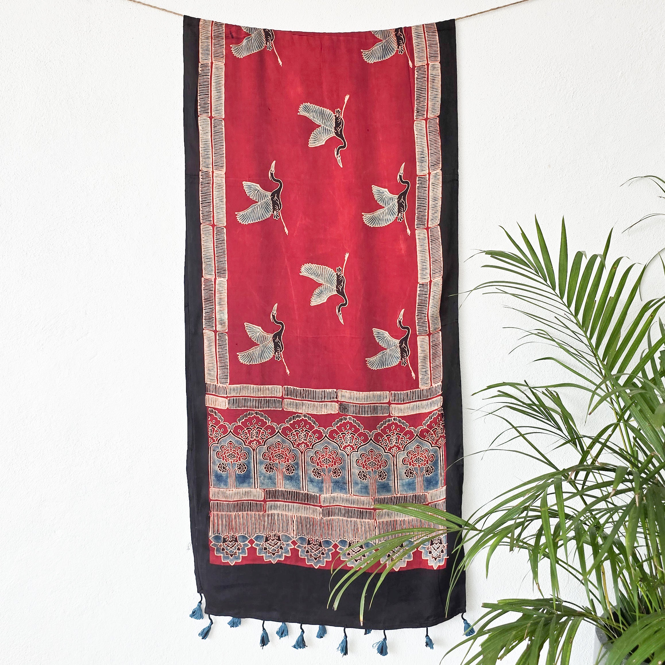 Modal Silk Ajrak Black With Blue Flower Jaal Intricate Border Design S ...