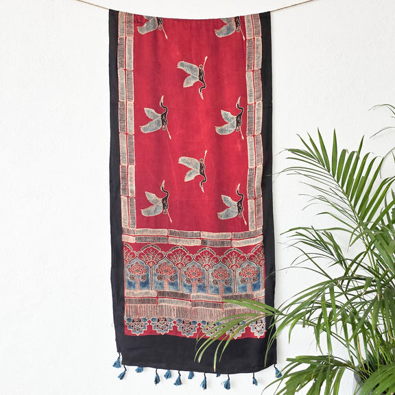 Modal Silk Ajrak Black With Blue Flower Jaal Intricate Border Design S ...