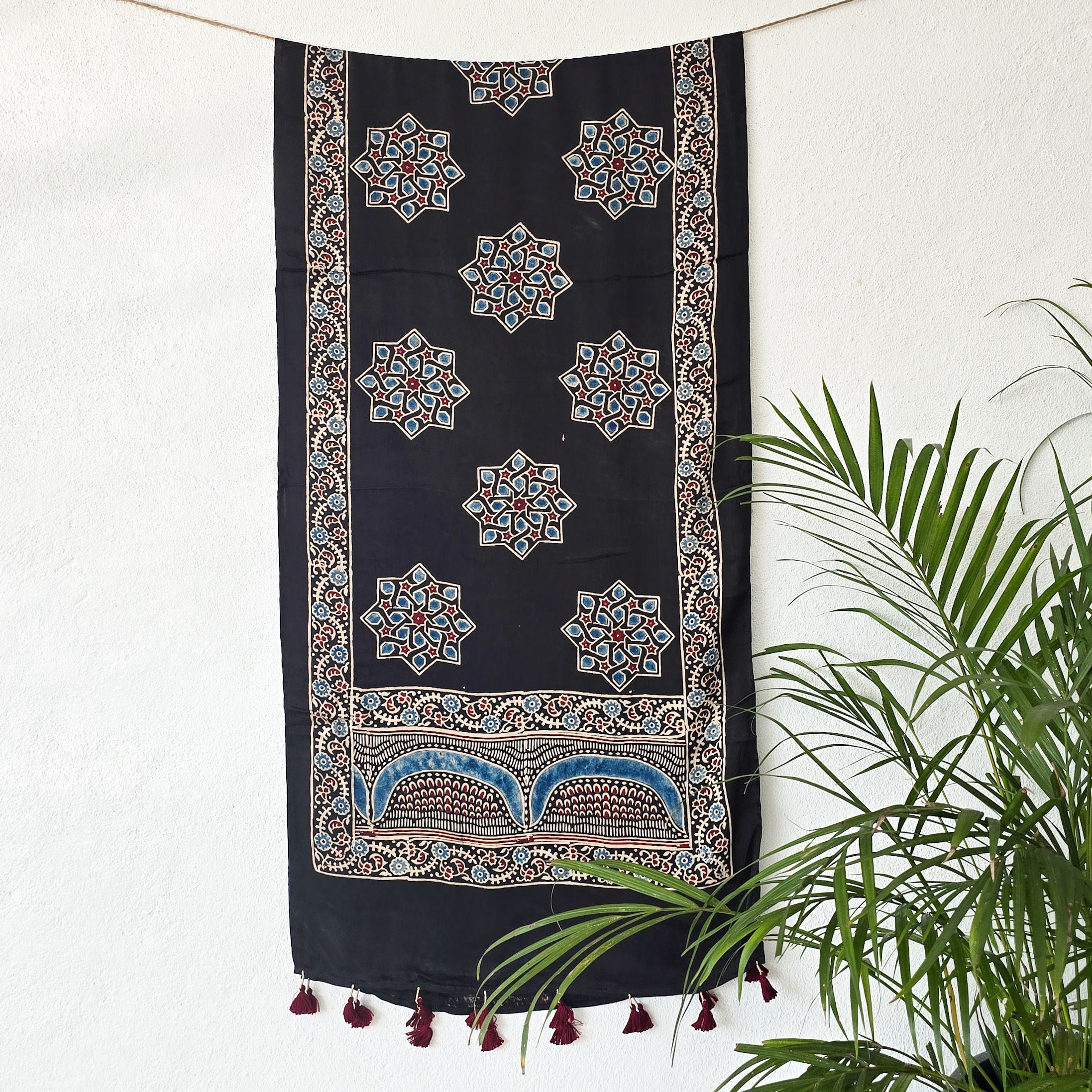 Modal Silk Ajrak Rust Black With Blue Mandal Design Border Stole ...