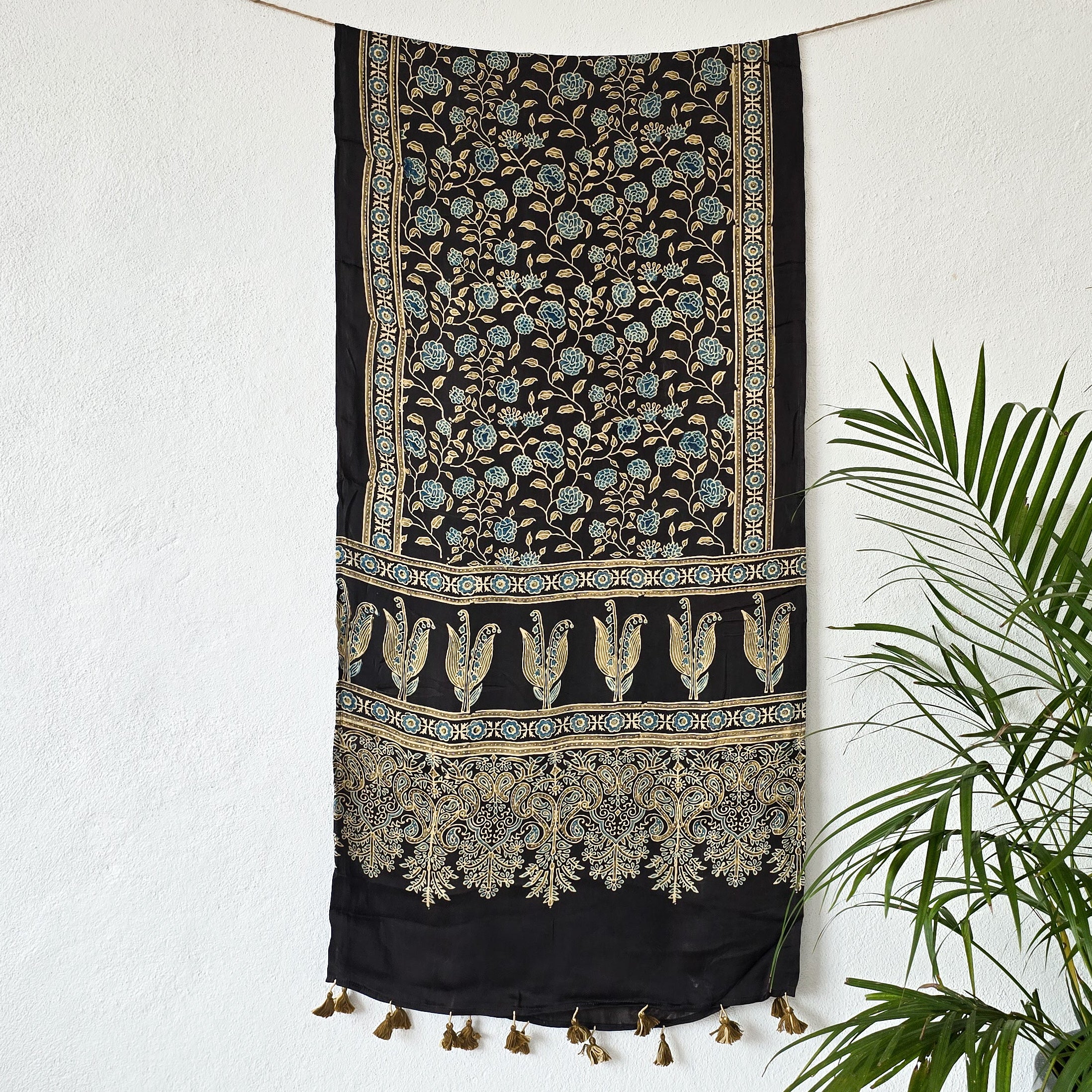 Modal Silk Ajrak Black With Blue Flower Jaal Intricate Border Design S ...