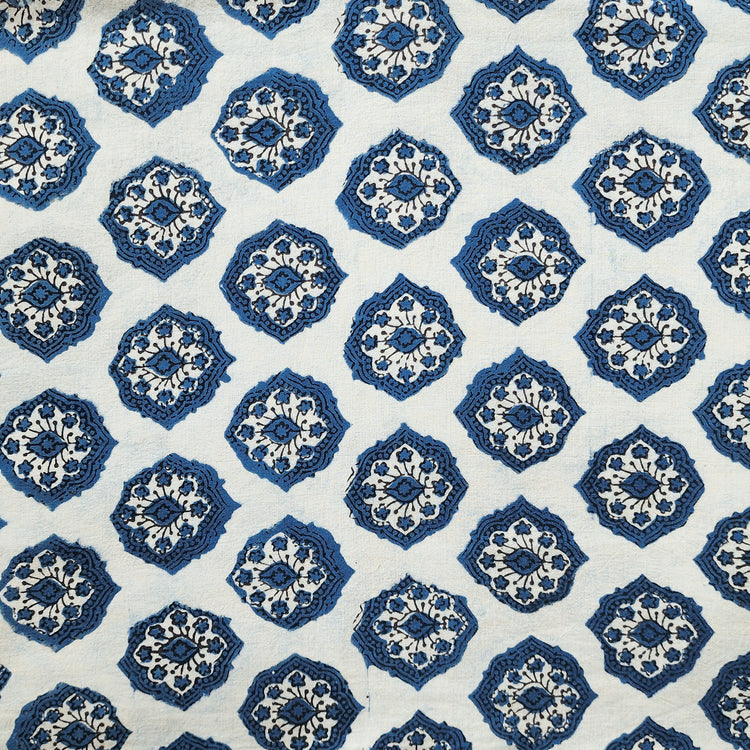 Pure Cotton Gad Ajrak Cream With Blue Flower Motif Hand Block Print Fa – Sanskruti
