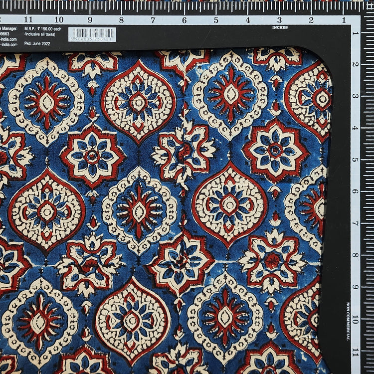 ( Pre-Cut 1.25 Meter ) Pure Cotton Gad Ajrak Blue With Cream And Red I – Sanskruti