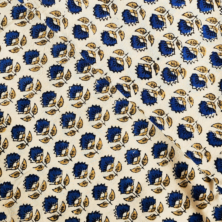 Pure Cotton Gad Ajrak Cream With Blue Tiny Flower Modif Hand Block Pri – Sanskruti