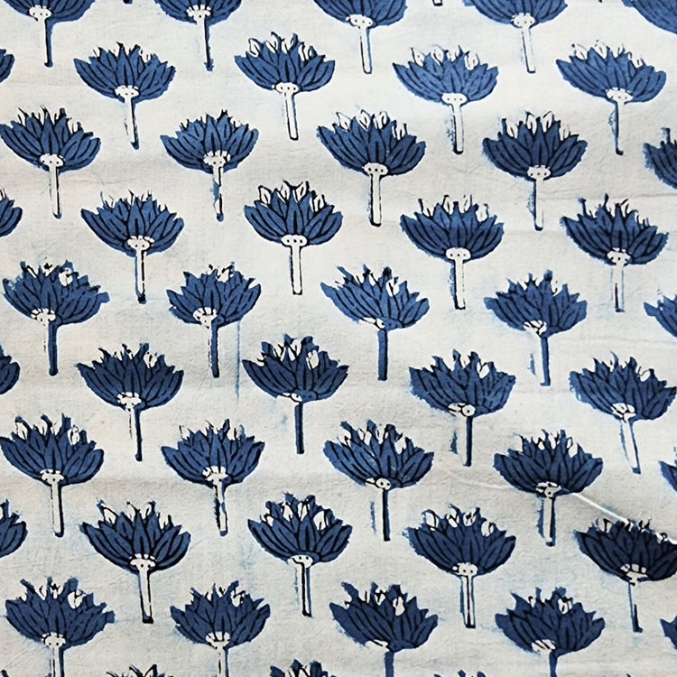 Pure Cotton Gad Ajrak Cream With Blue Flower Motif Hand Block Print Fa – Sanskruti