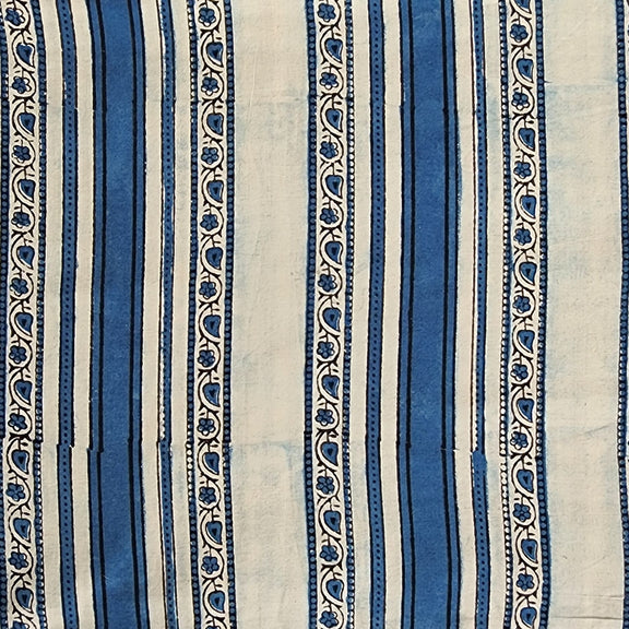 Pure Cotton Gad Ajrak Cream With Blue Border Hand Block Print Fabric – Sanskruti