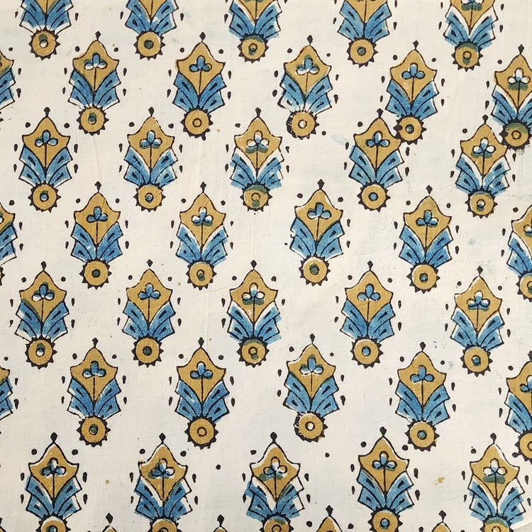 Pure Cotton Gad Ajrak Cream With Blue And Mustard Intricate Modif Hand – Sanskruti