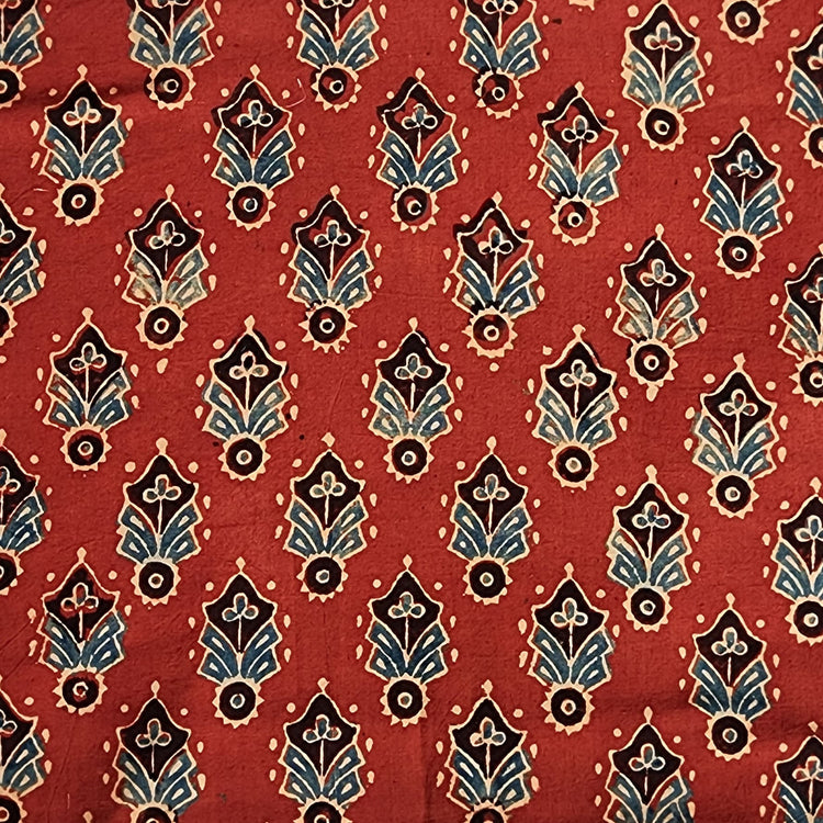 Pure Cotton Gad Ajrak Rust Red With Blue Intricate Modif Hand Block Pr – Sanskruti