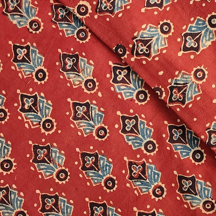 Pure Cotton Gad Ajrak Rust Red With Blue Intricate Modif Hand Block Pr – Sanskruti