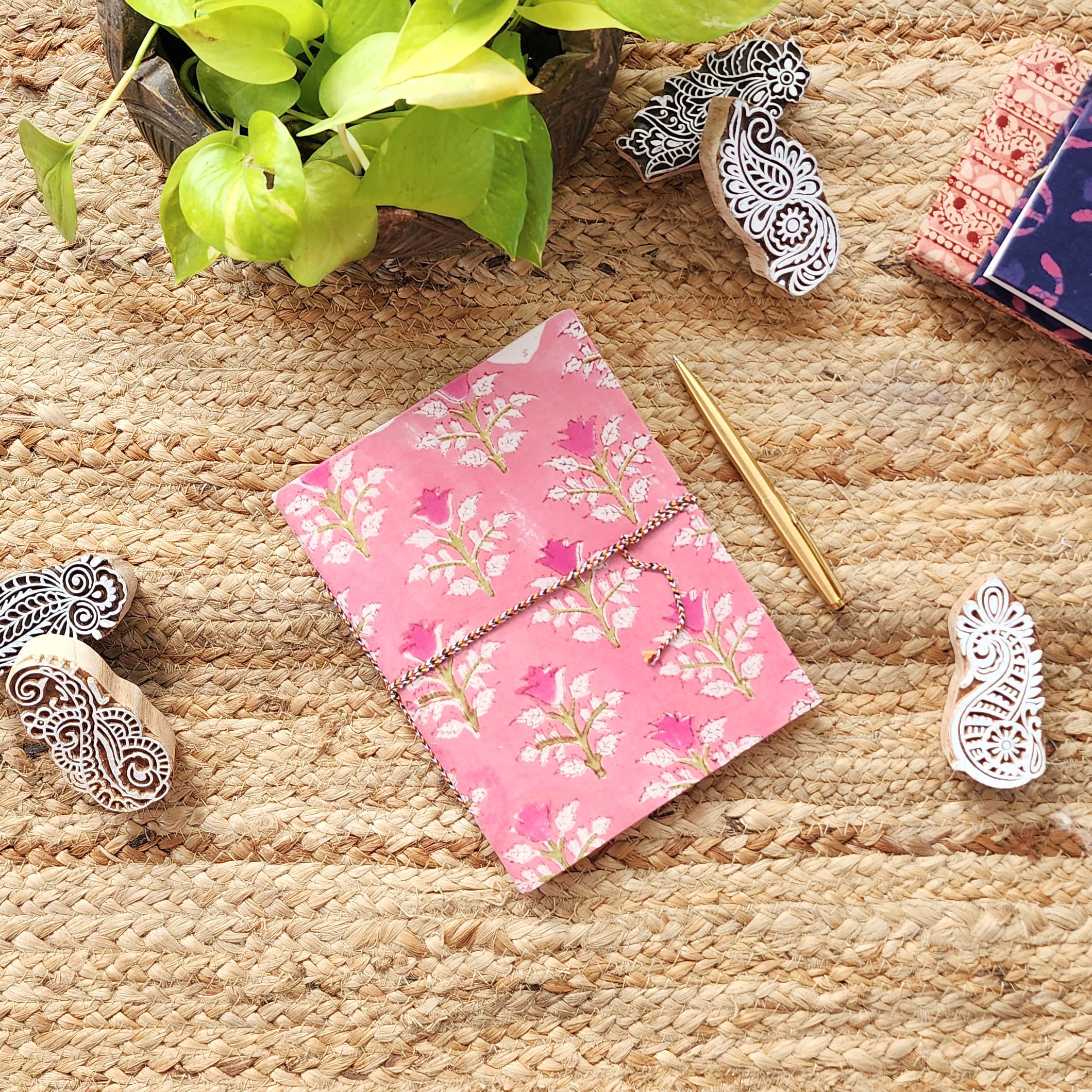 Handmade Upcycled Jaipuri Pink Flower Bahi Diary – Sanskruti