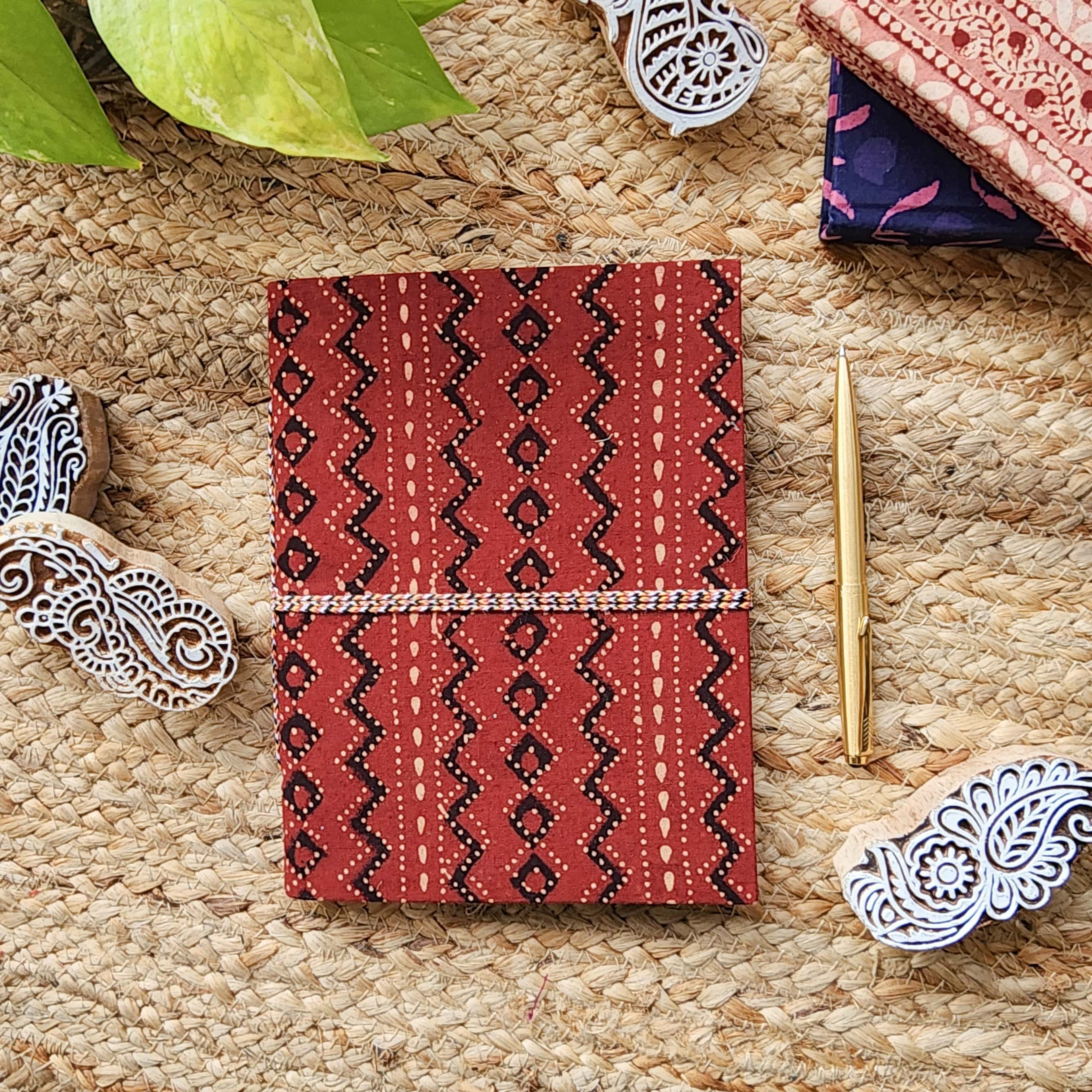 Handmade Upcycled Ajrak Red With Black Zig-Zag Bahi Dairy A5 – Sanskruti