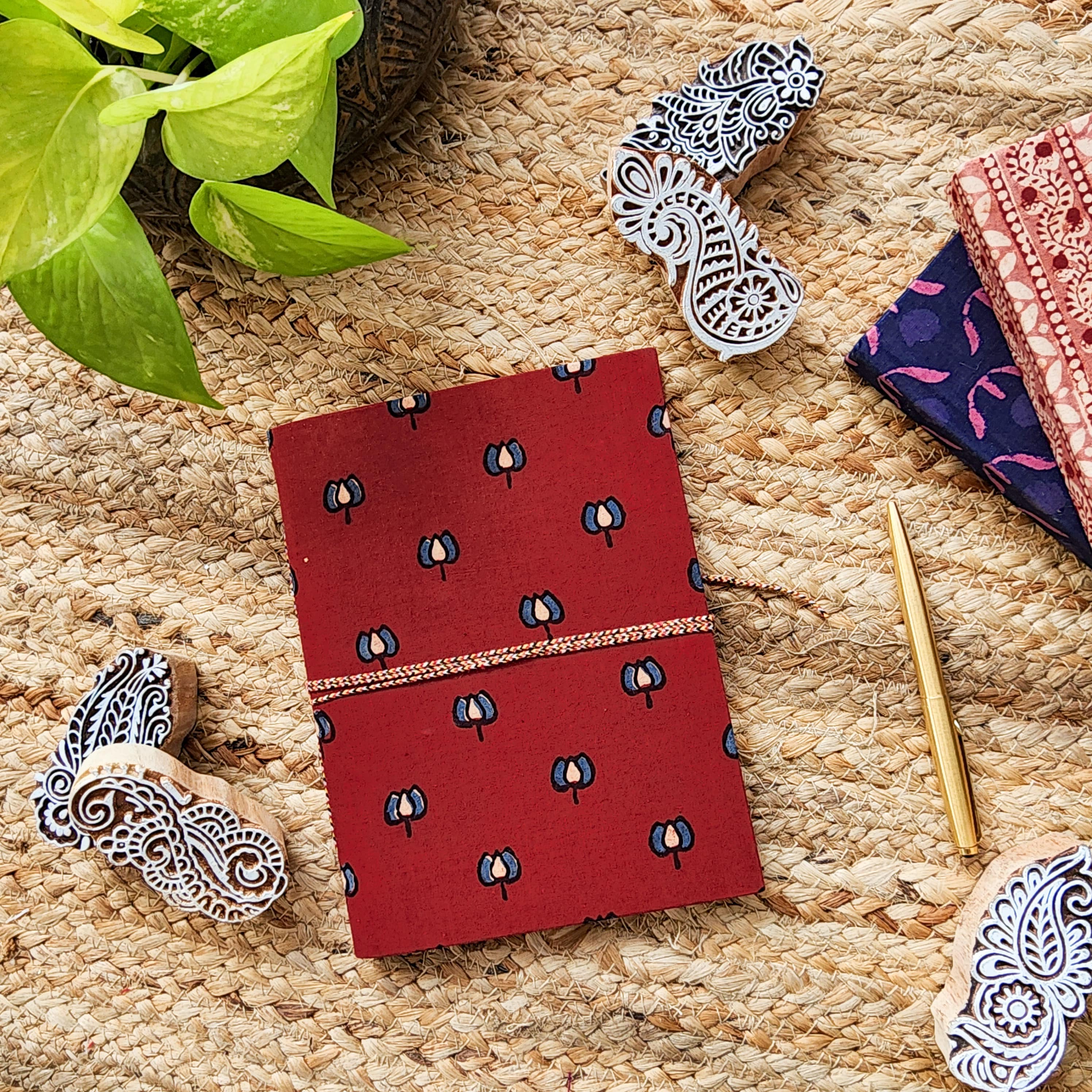Handmade Upcycled Ajark Rust Red With Blue Lotus Bahi Dairy A5 – Sanskruti