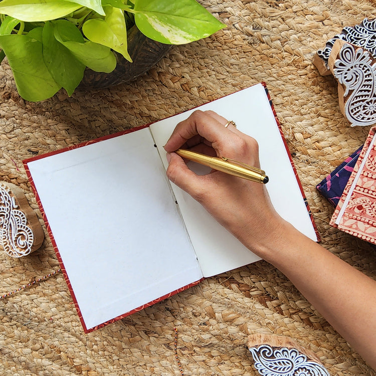 Handmade Upcycled Ajrak Rust Red With Black Motif Diary A6 – Sanskruti