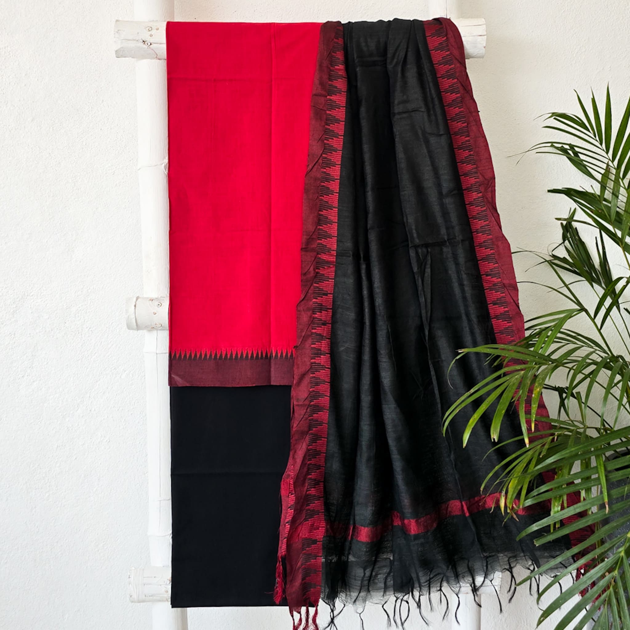 NAYANTARA - Pure South Cotton Handloom Red With Black Suit – Sanskruti