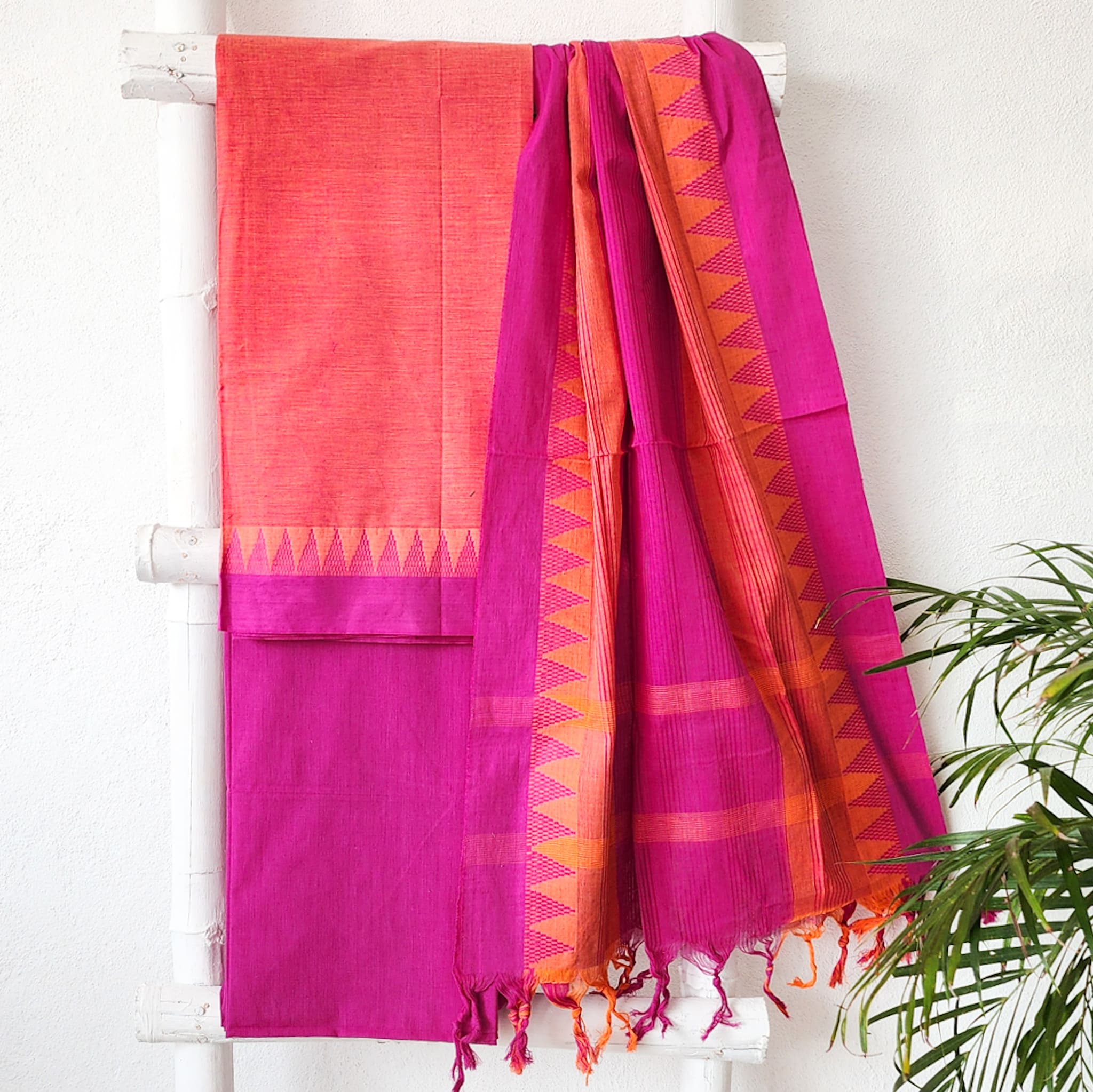NAYANTARA - Pure South Cotton Handloom Orange With Pink Set – Sanskruti