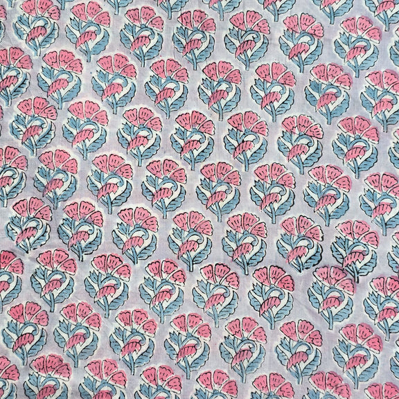 Pure Cotton Jaipuri Light Grey With Pink Flower Motif Hand Block Print ...