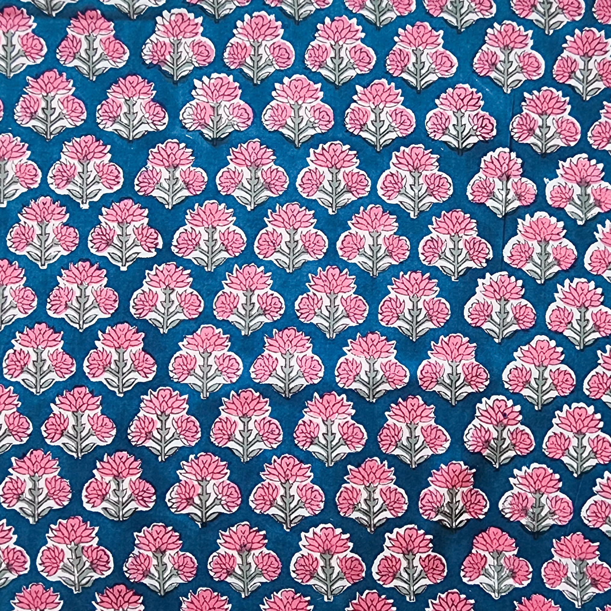 Pure Cotton Jaipuri Blue With Pink Flower Motif Hand Block Print Fabri ...