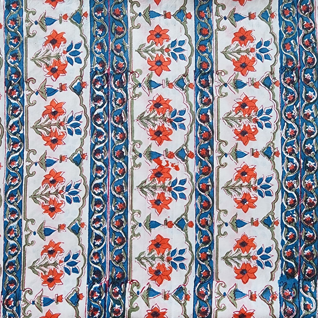 (PRE-CUT 1.40 METER)Pure Cotton Jaipuri White With Orange And Blue Bor ...
