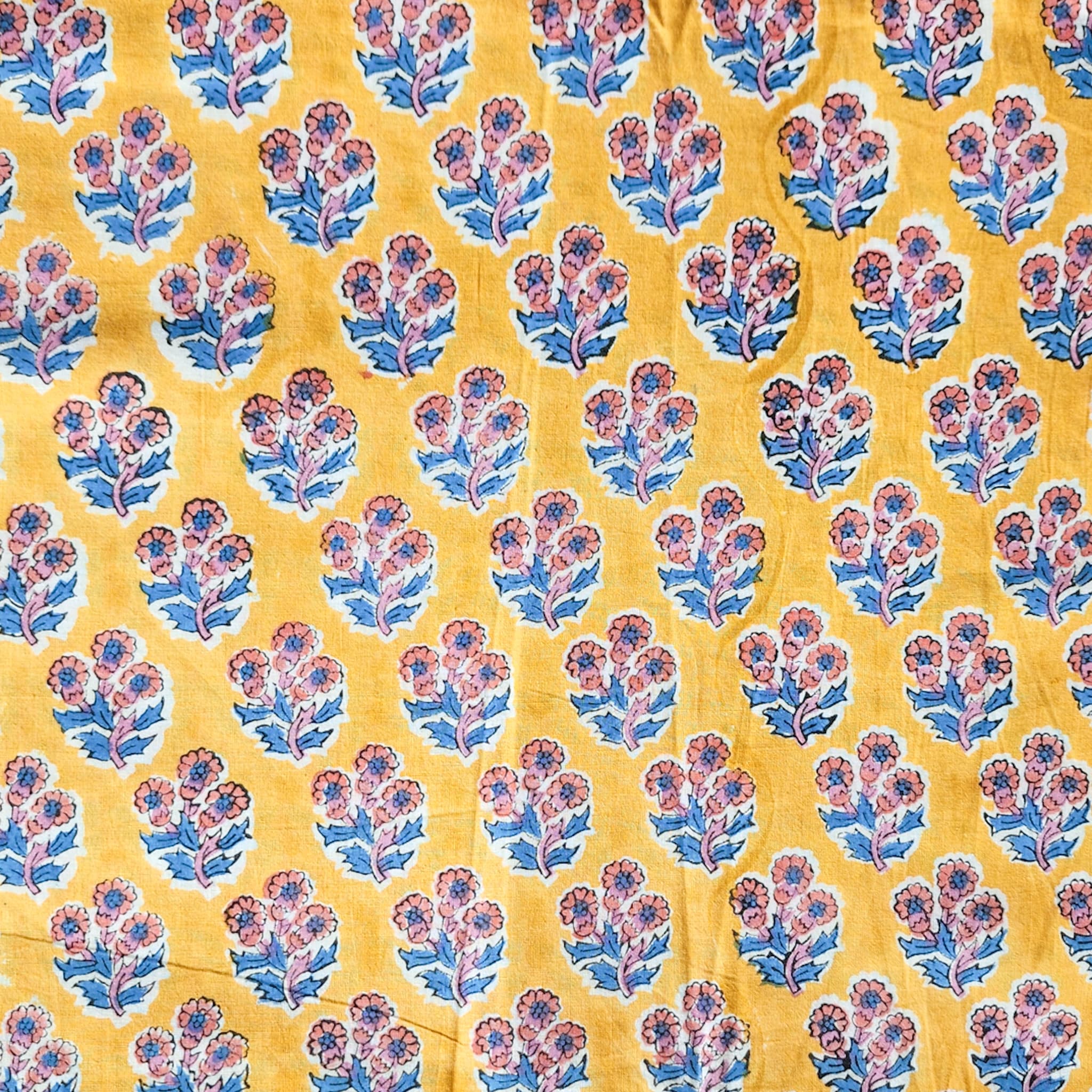 Pure Cotton Jaipuri Mustard With Blue Flower Motif Hand Block Print Fa ...